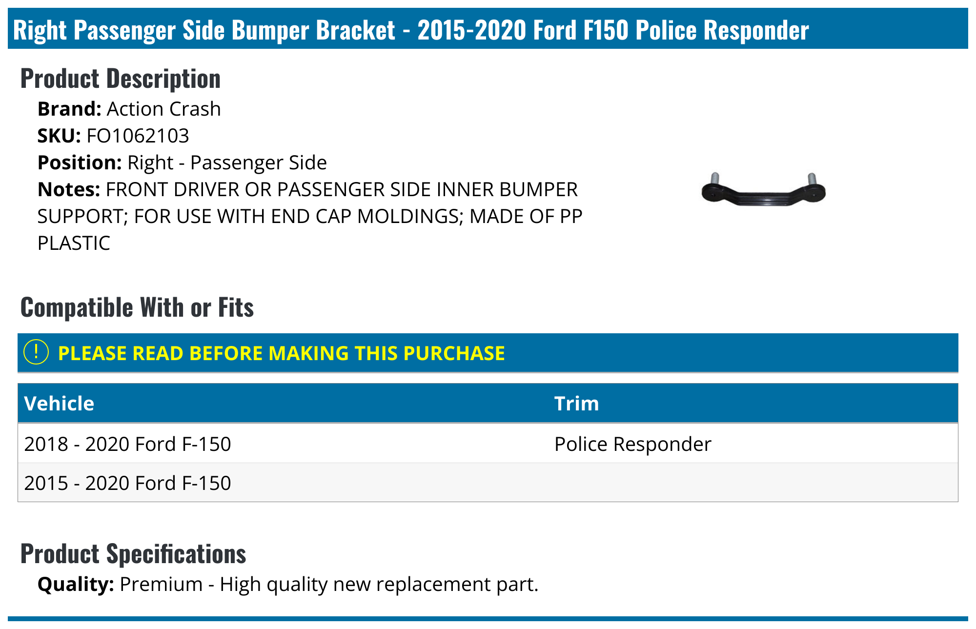 2015-2020 Ford F150 Bumper Bracket - Action Crash FO1062103 - Right ...