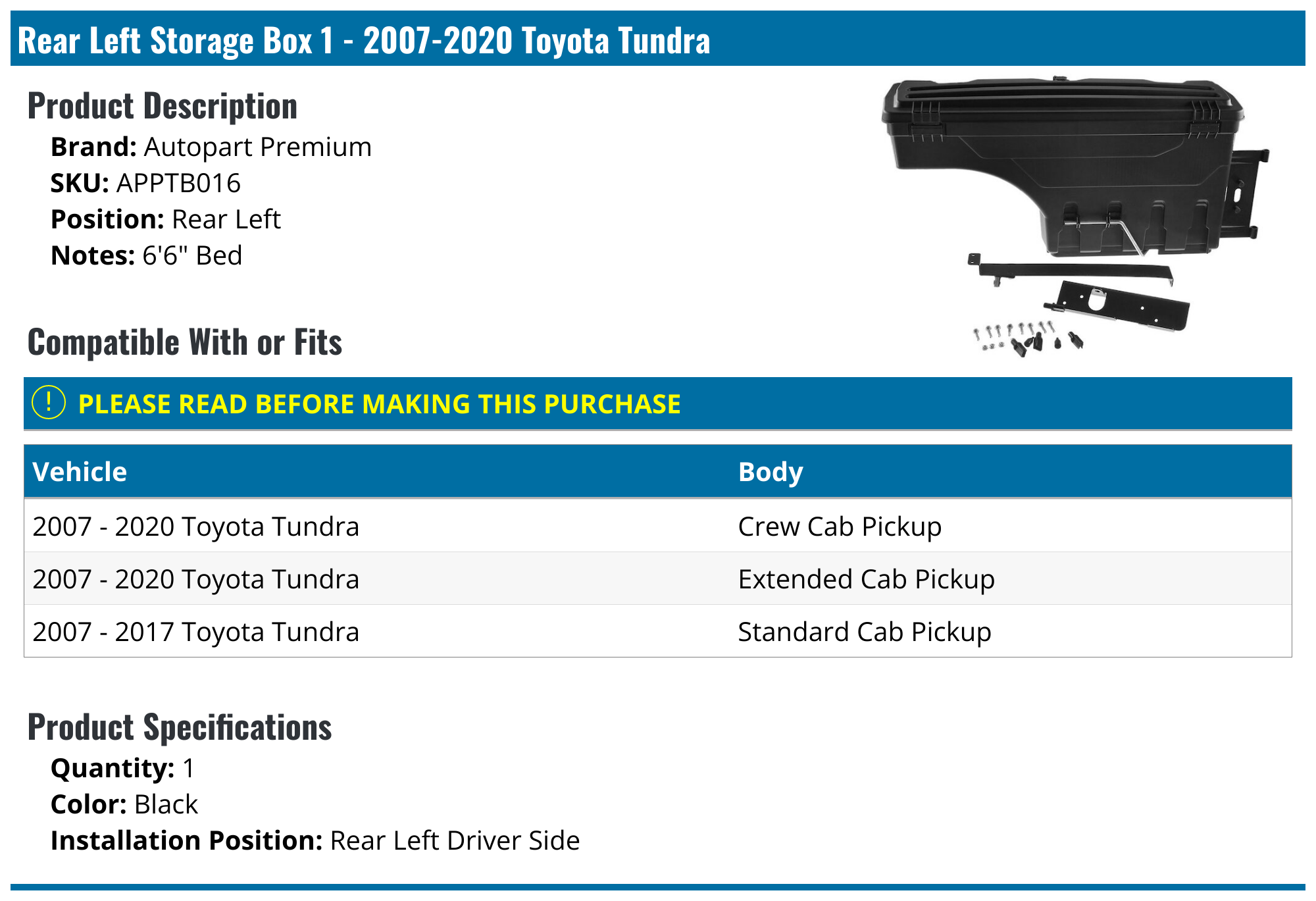 2007-2020 Toyota Tundra Truck Tool Box - Autopart Premium APPTB016 ...