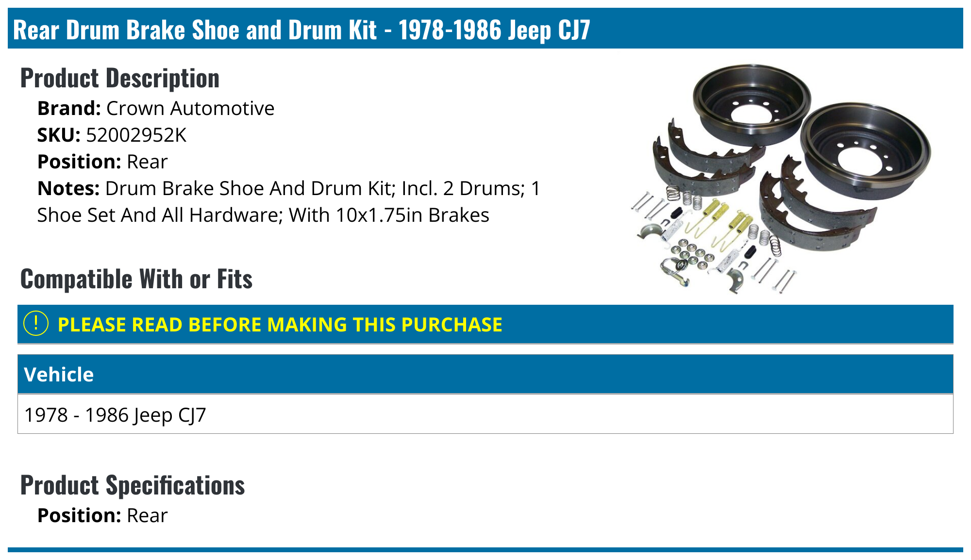 1978-1986 Jeep CJ7 Brake Shoe Set - Crown Automotive 52002952K - Rear ...