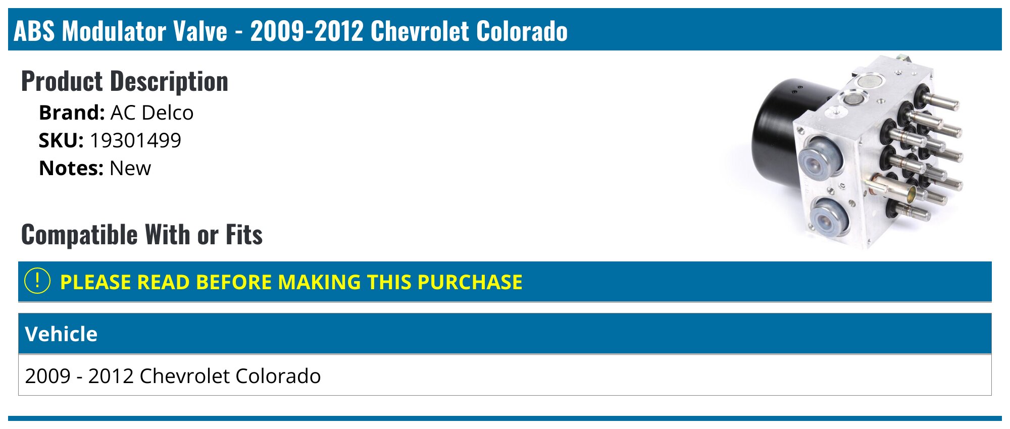 2009-2012 Chevrolet Colorado ABS Modulator Valve - AC Delco 19301499 ...