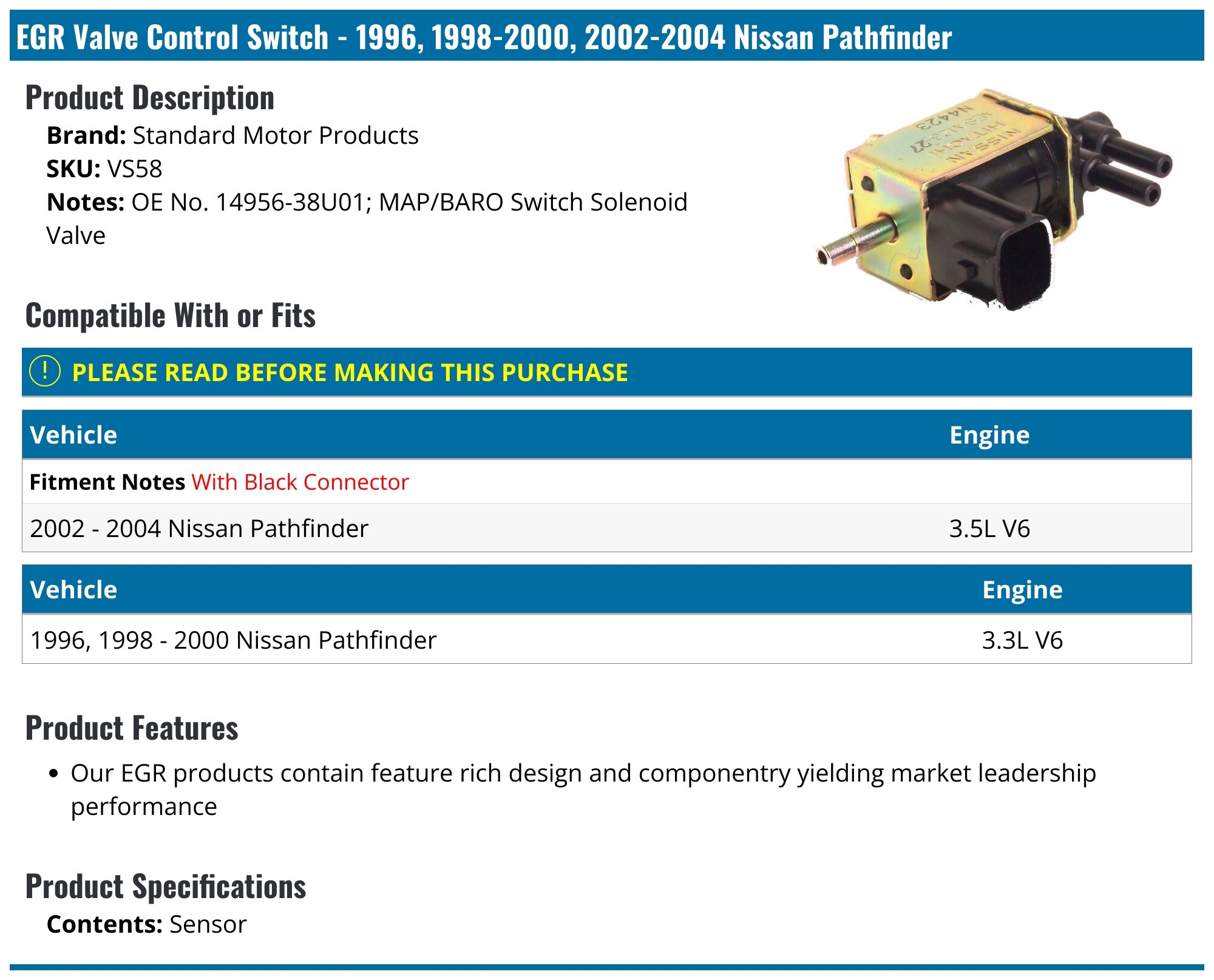 1996, 1998-2000, 2002-2004 Nissan Pathfinder EGR Valve Control Switch ...