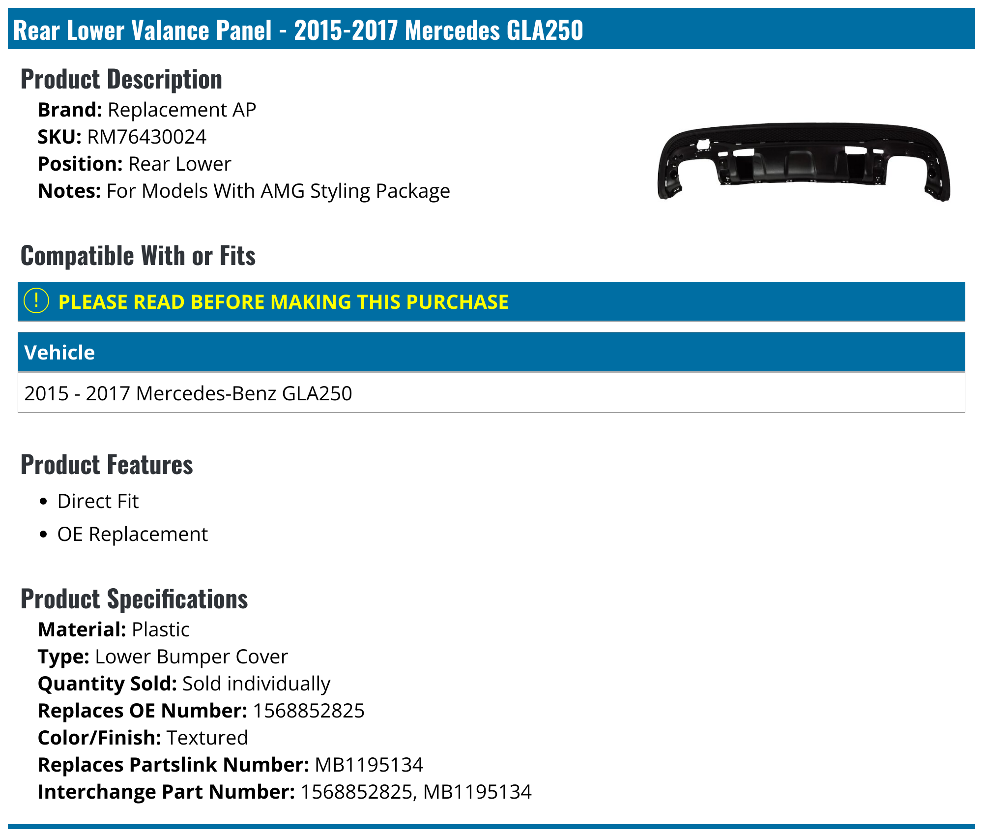 2015-2017 Mercedes GLA250 Valance Panel - Replacement AP RM76430024 ...