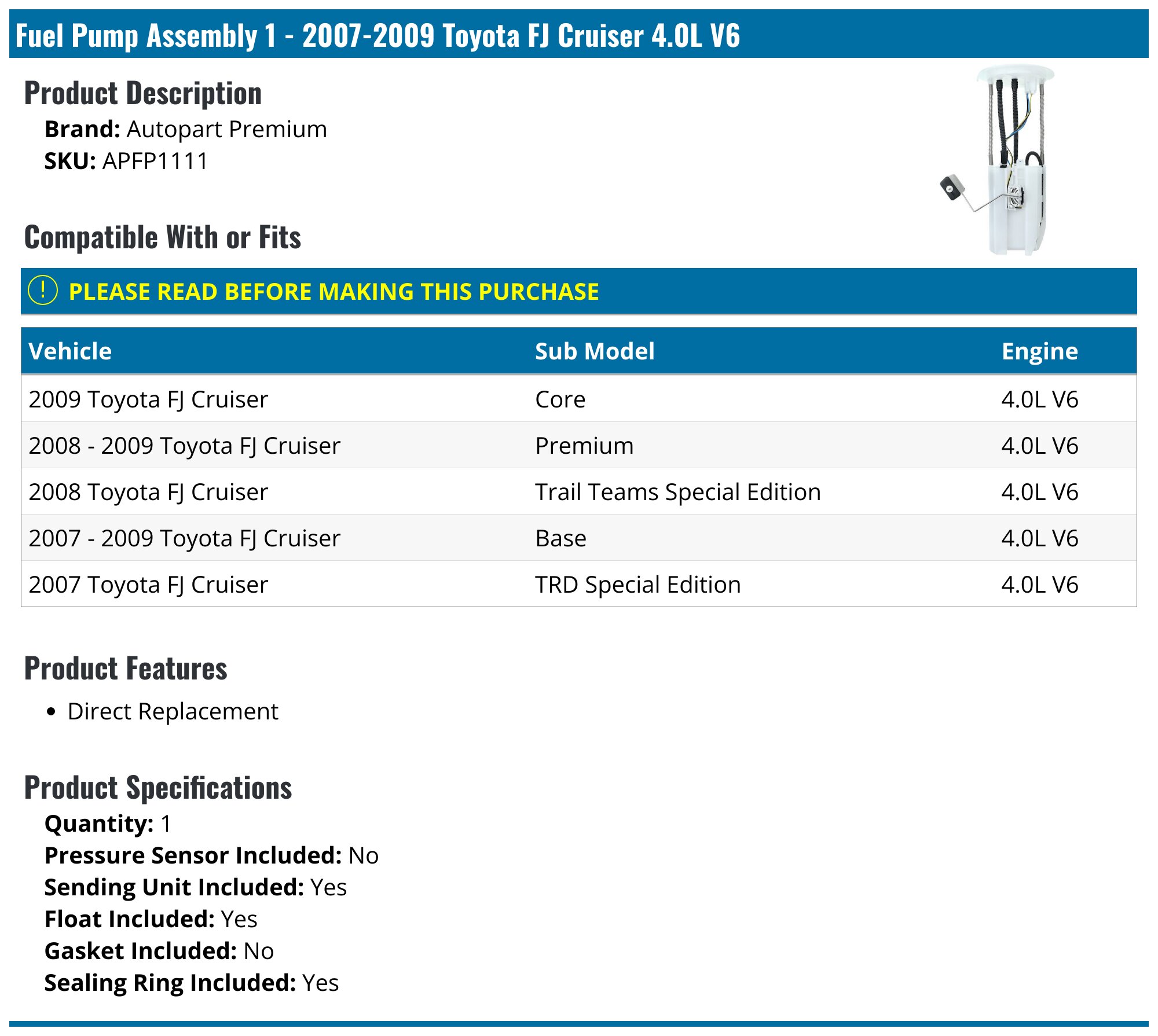 2007-2009 Toyota FJ Cruiser Fuel Pump - Autopart Premium APFP1111 ...