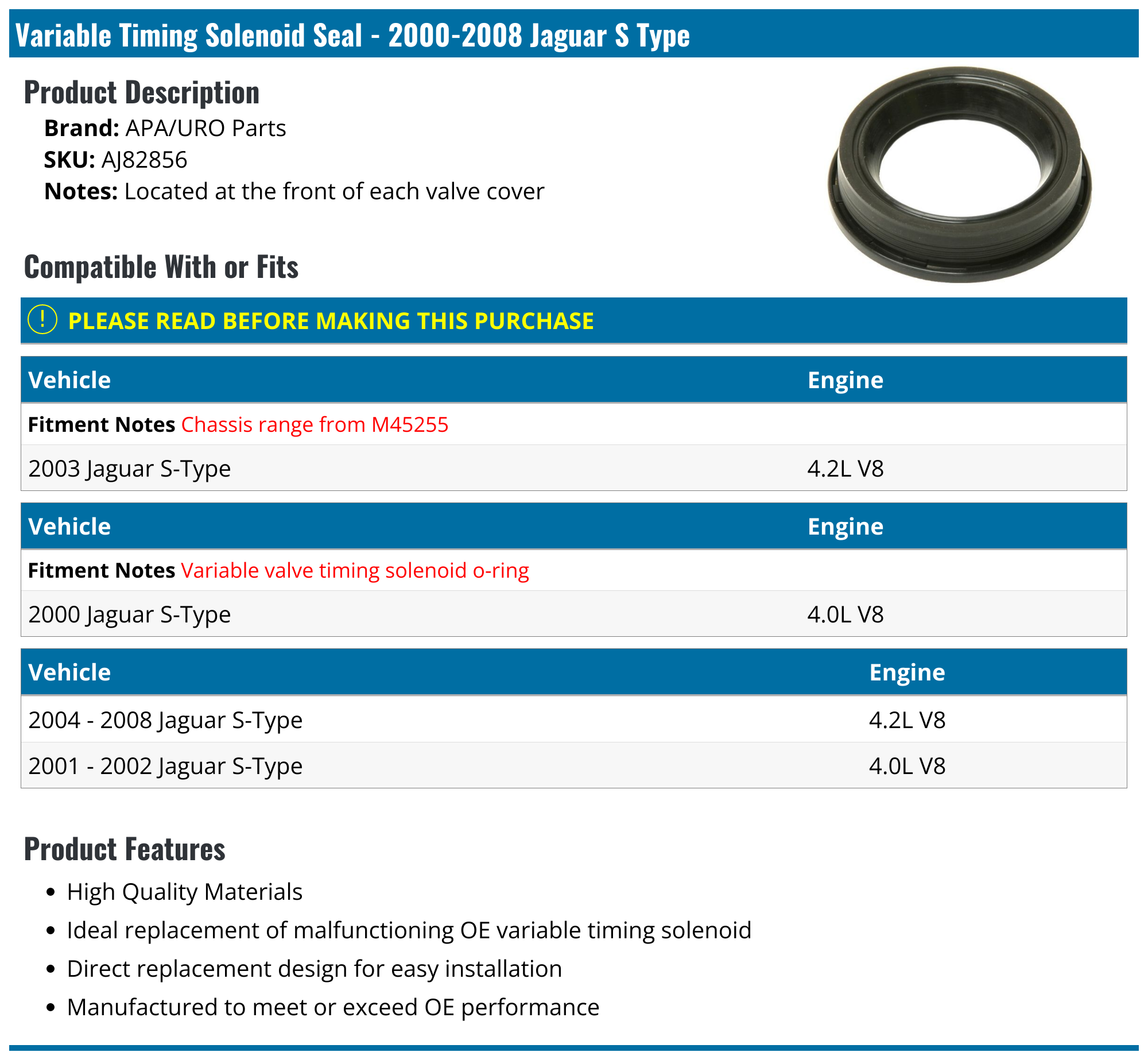 2000-2008 Jaguar S Type Variable Timing Solenoid Seal - APA/URO Parts ...
