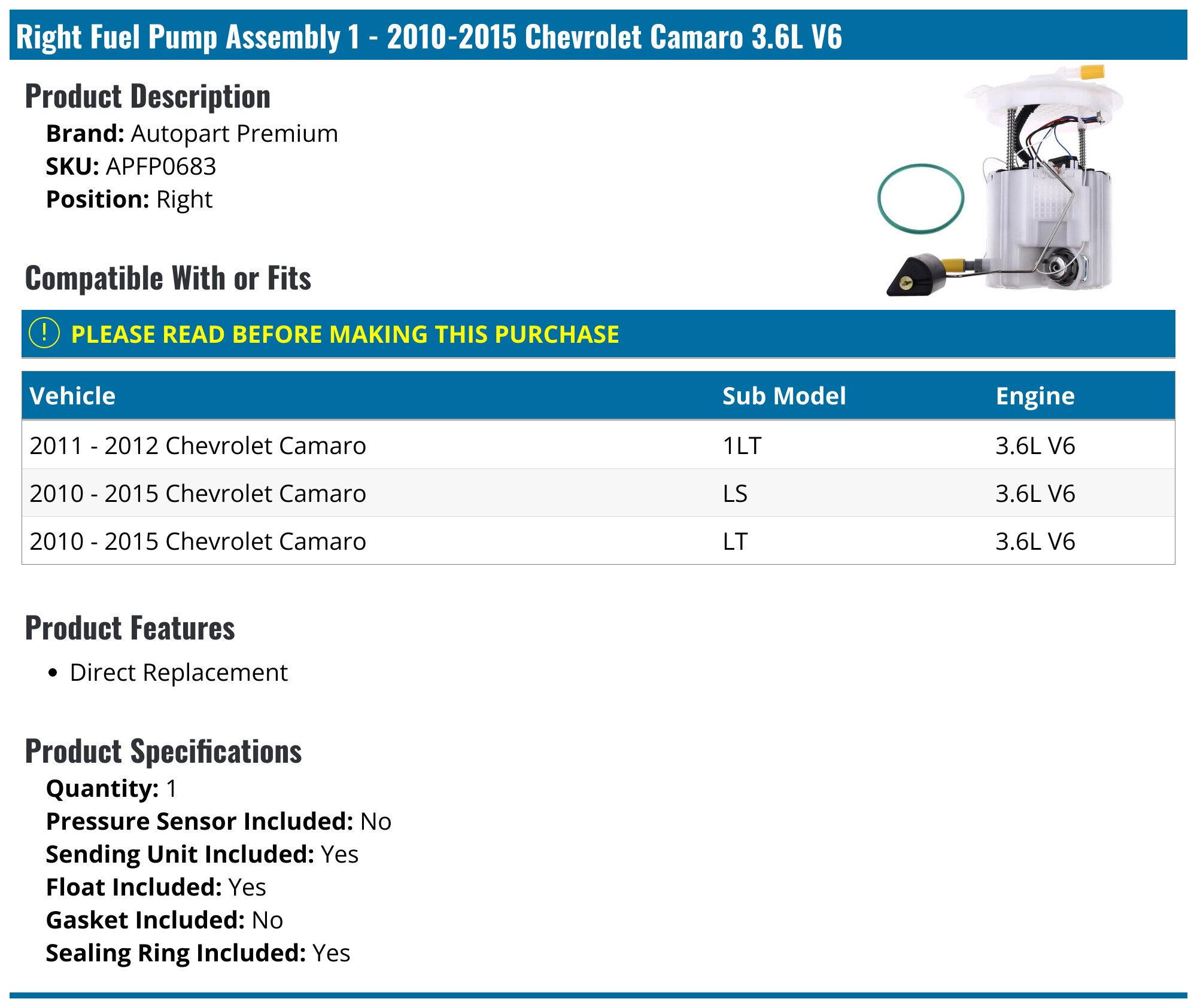 2010-2015 Chevrolet Camaro Fuel Pump - Autopart Premium APFP0683 ...