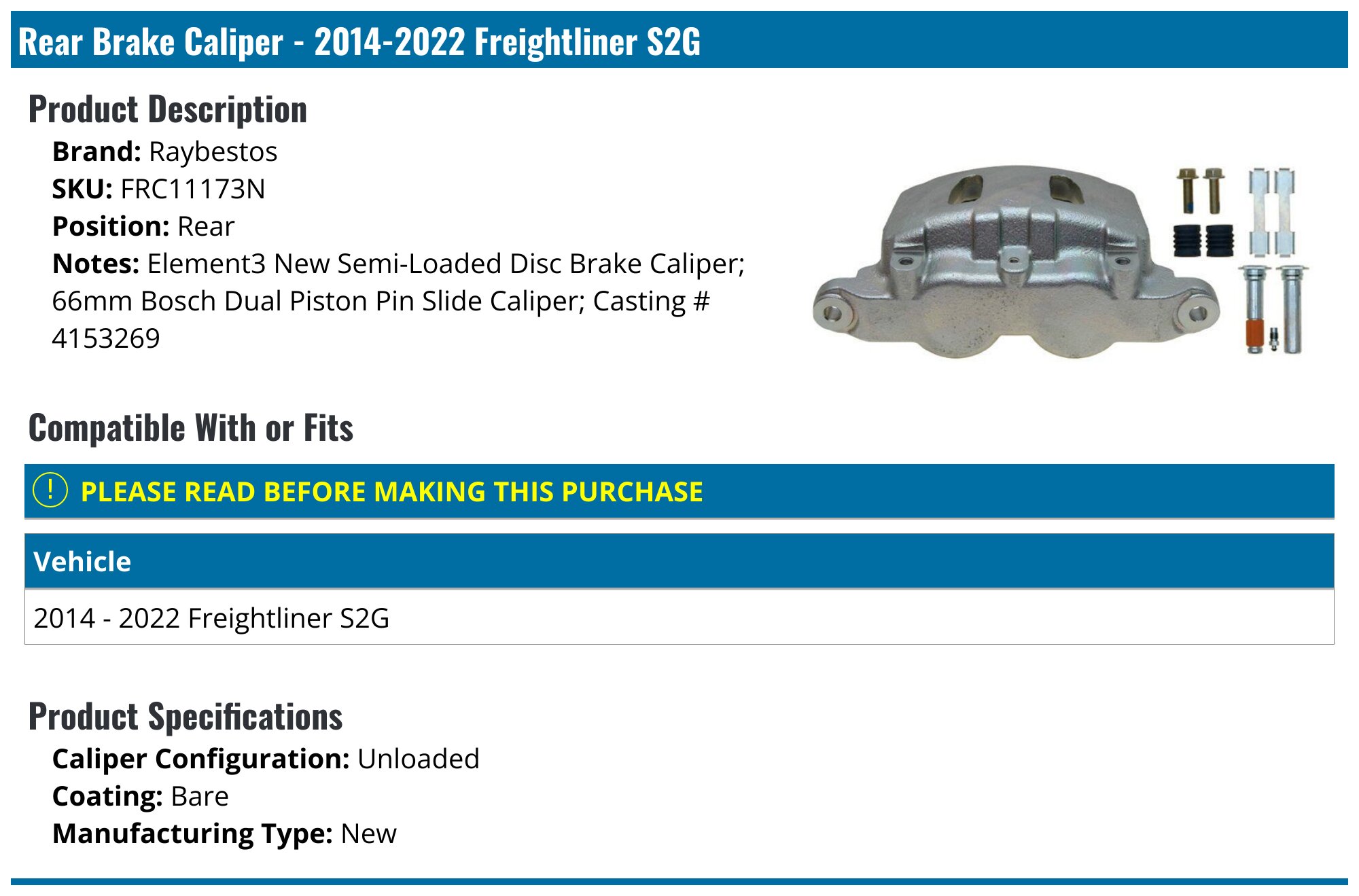 2014-2022 Freightliner S2G Brake Caliper - Raybestos FRC11173N - Rear ...