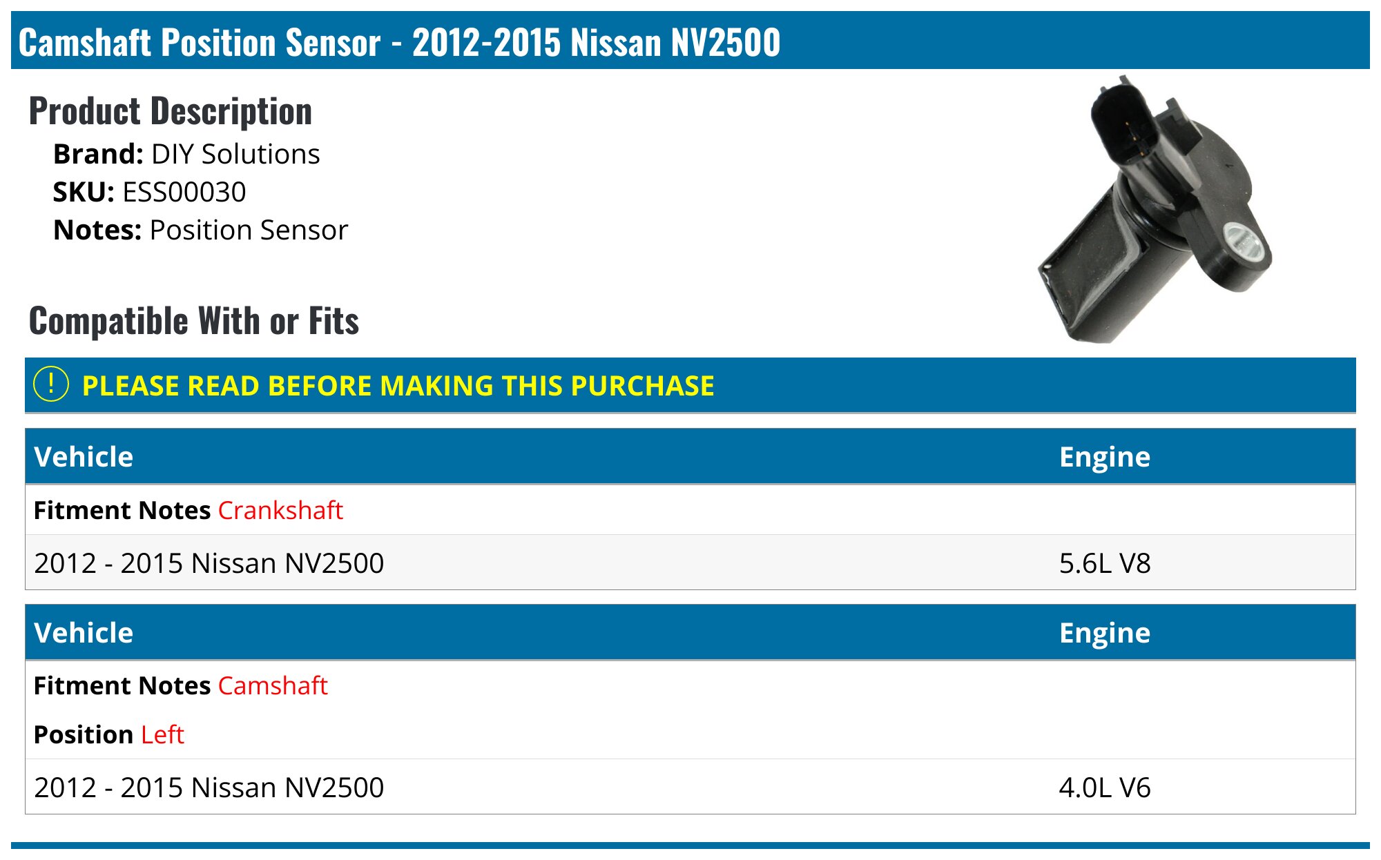 2012-2015 Nissan NV2500 Camshaft Position Sensor - DIY Solutions ...