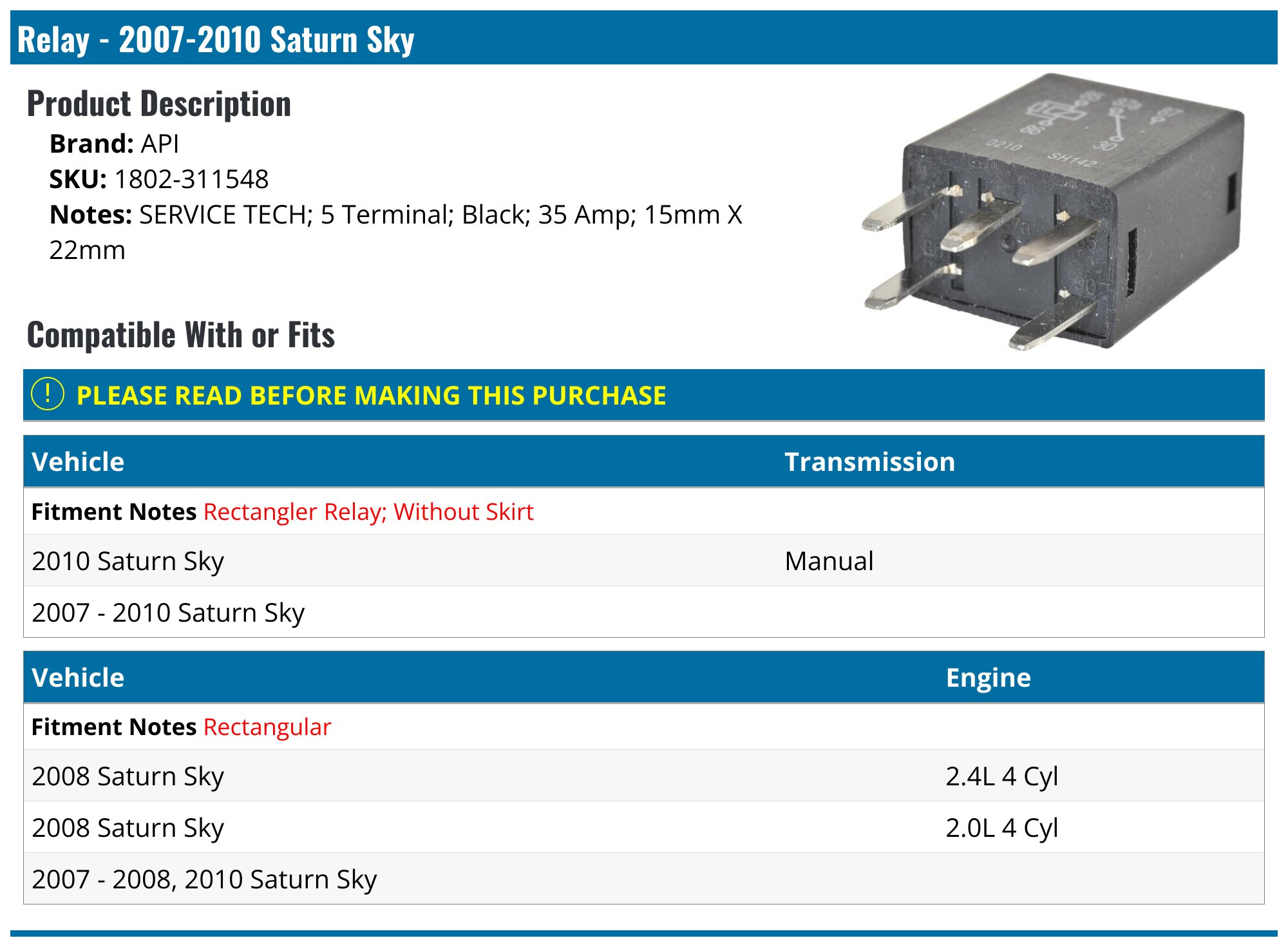 2007-2010 Saturn Sky Relay - API 18963-07588095 - PartsGeek.com