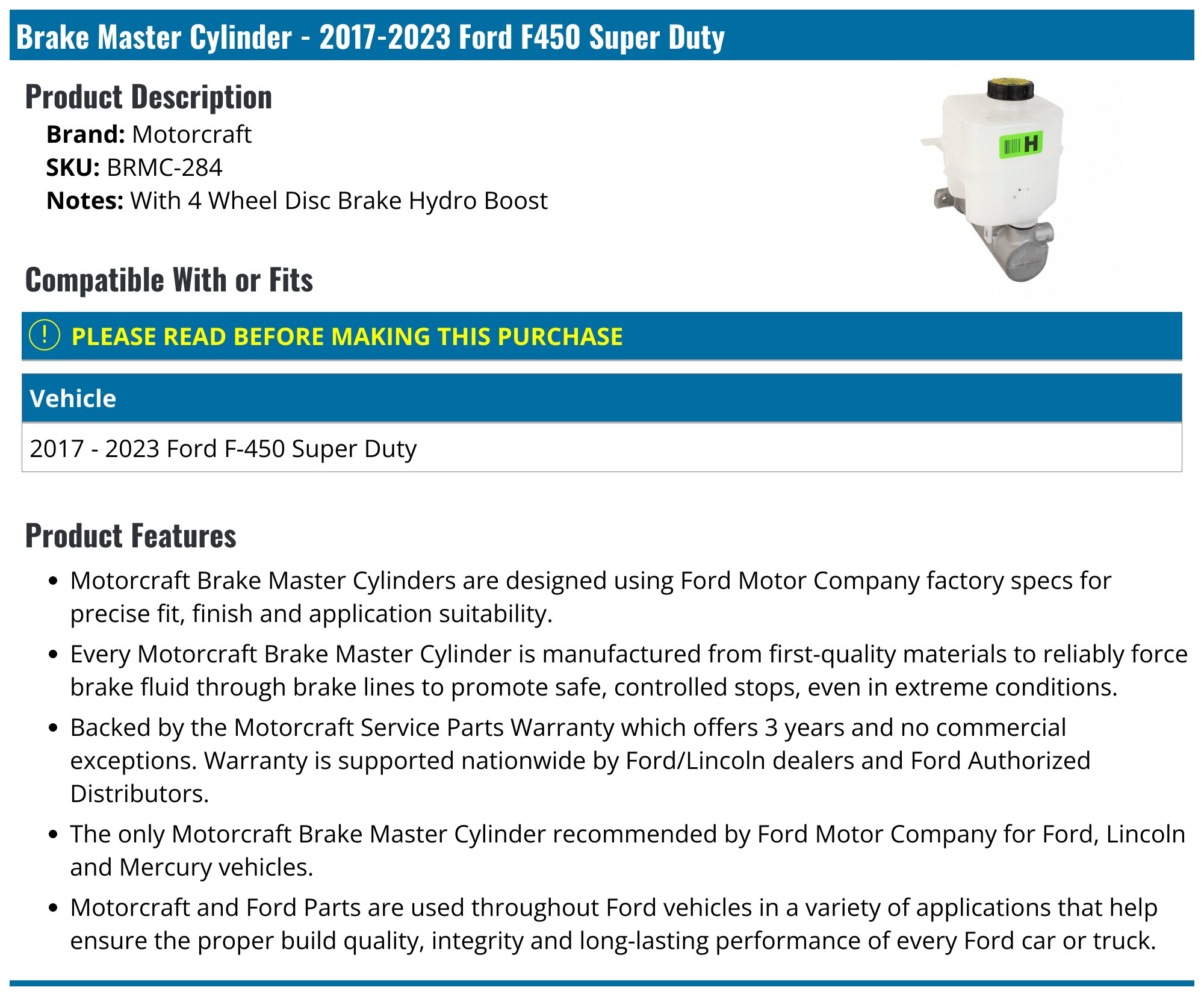 2017-2026 Ford F450 Super Duty Brake Master Cylinder - Motorcraft BRMC ...