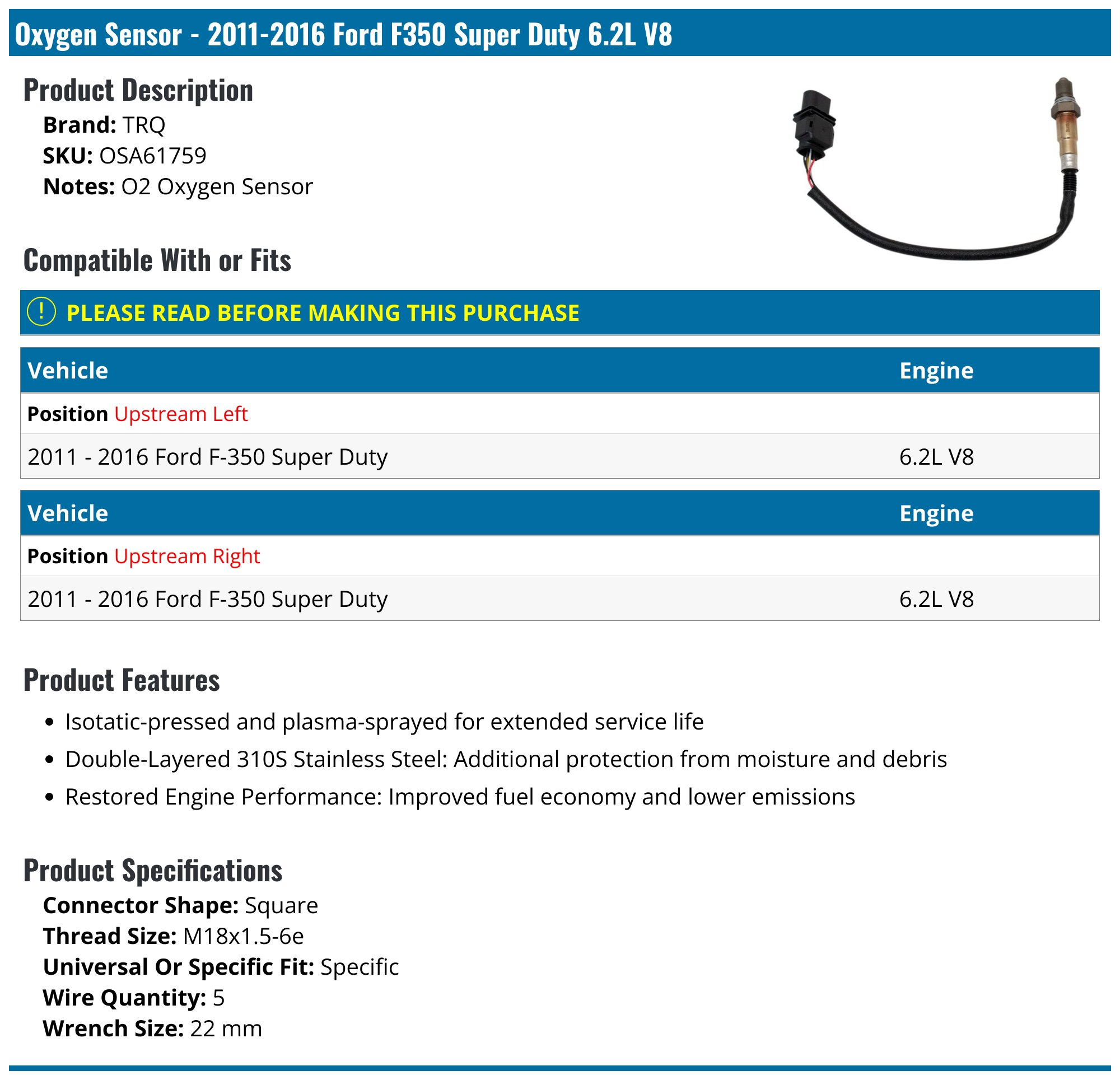 2011-2016 Ford F350 Super Duty Oxygen Sensor - TRQ OSA61759 - Upstream ...