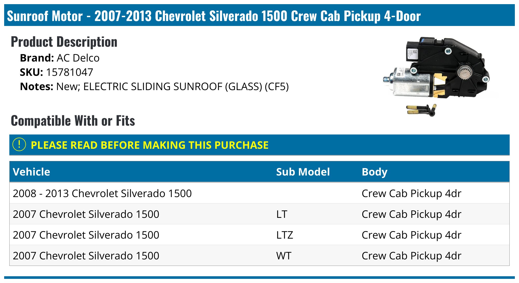 2007-2013 Chevrolet Silverado 1500 Sunroof Motor - AC Delco 15781047 ...
