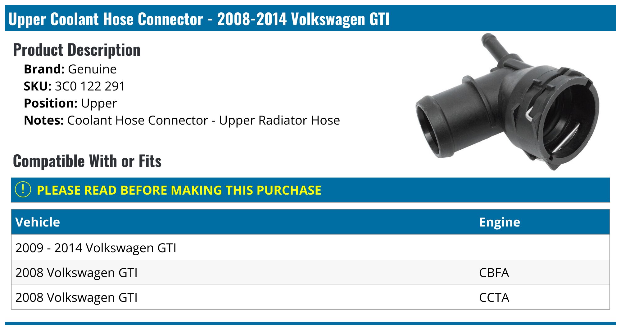 2008-2014 Volkswagen GTI Coolant Hose Connector - Genuine 3C0 122 291 ...