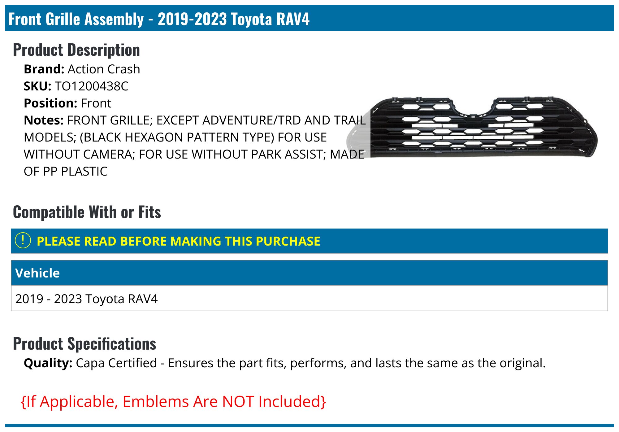2019-2025 Toyota RAV4 Grille Assembly - Action Crash TO1200438C - Front ...