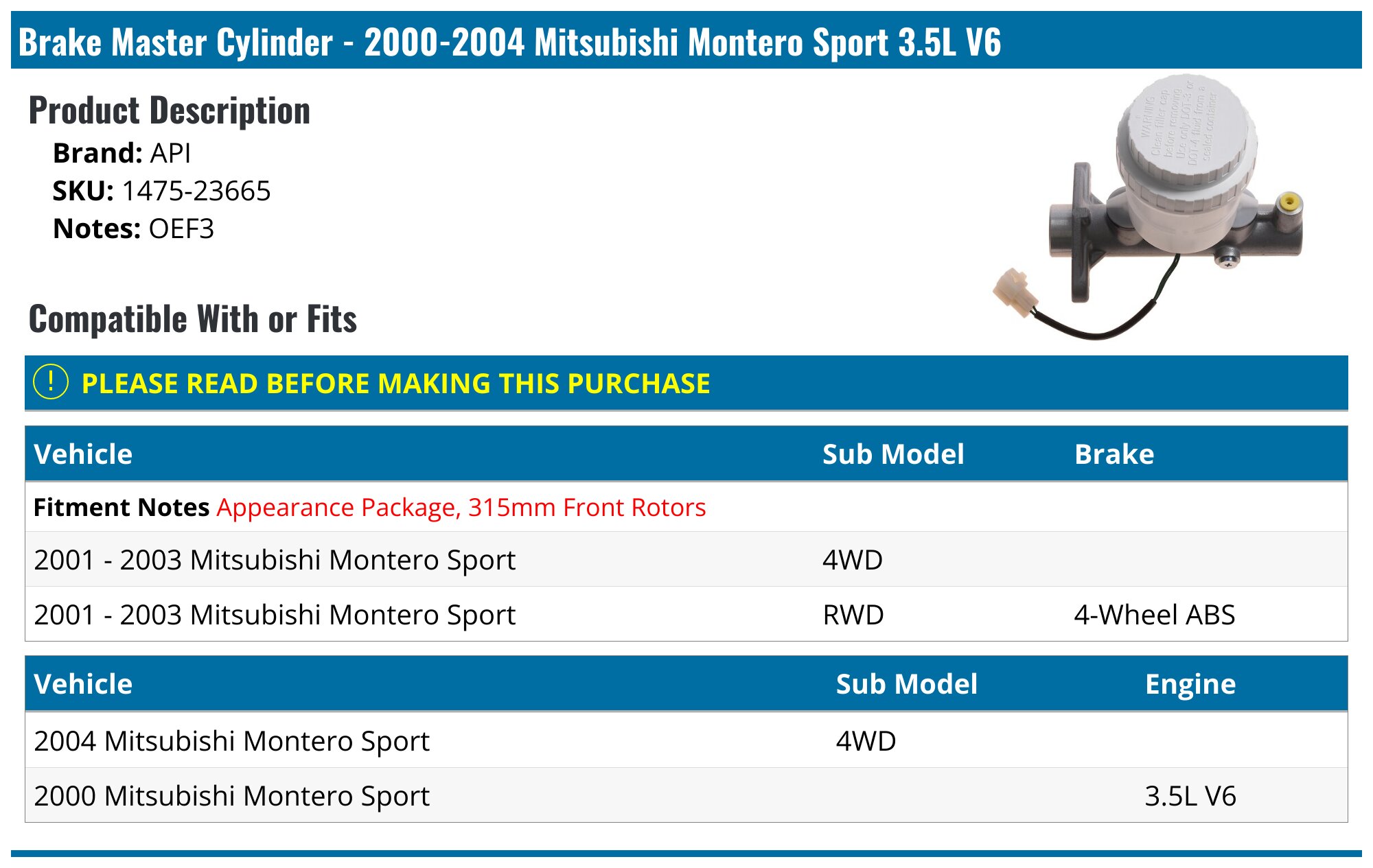 2000-2004 Mitsubishi Montero Sport Brake Master Cylinder - API 7165 ...