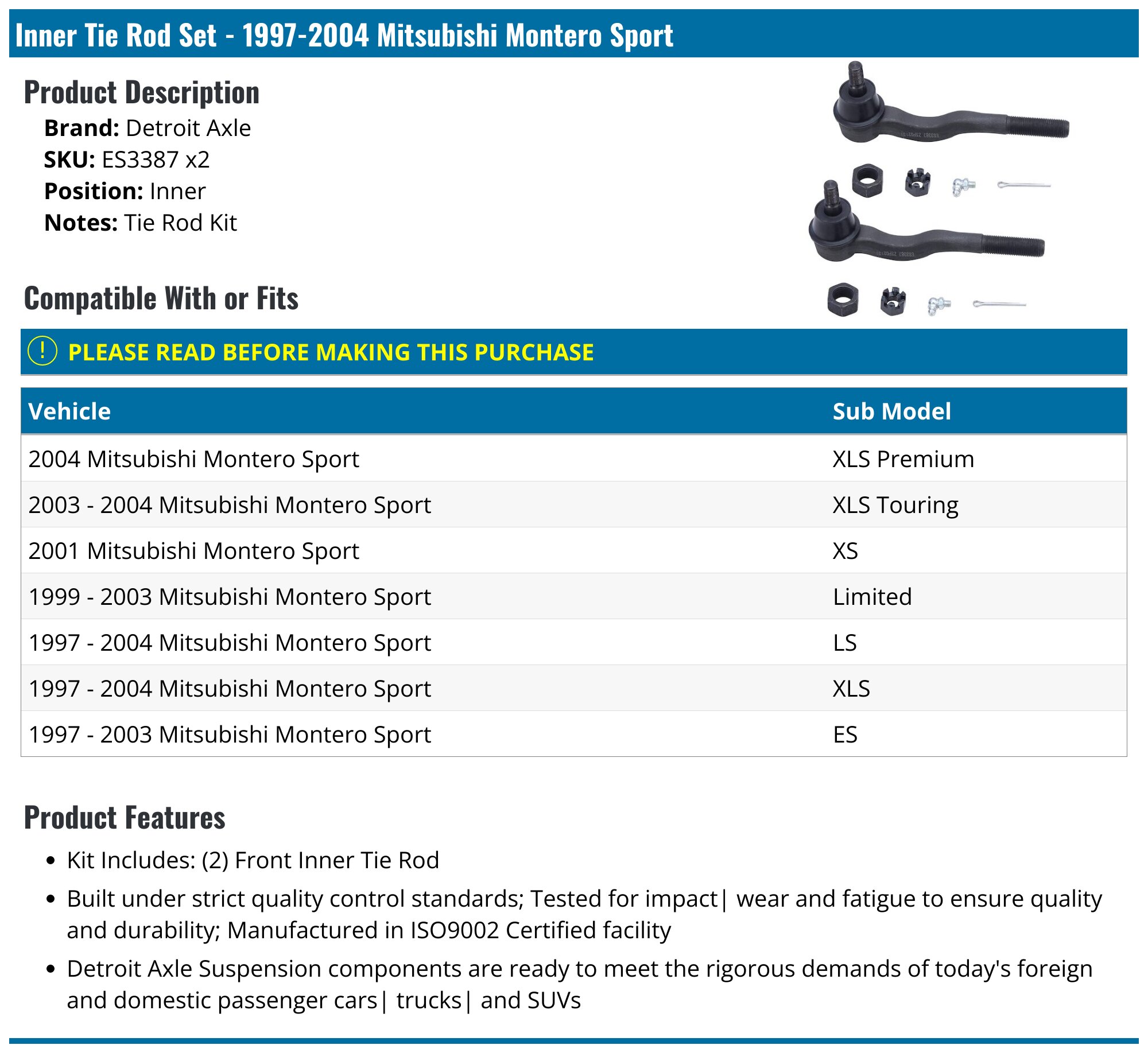 1997-2004 Mitsubishi Montero Sport Tie Rod - Detroit Axle ES3387 x2 ...