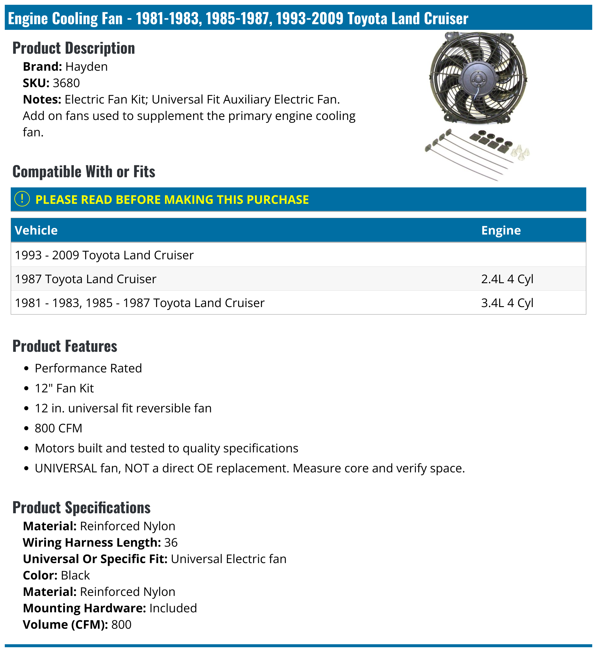 1981-1983, 1985-1987, 1993-2009 Toyota Land Cruiser Radiator Fan ...