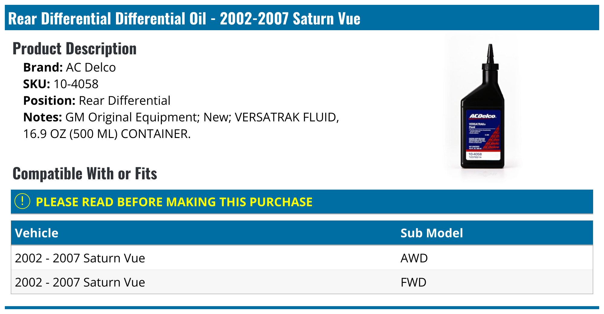 2002-2007 Saturn Vue Differential Oil - AC Delco 10-4058 - Rear ...