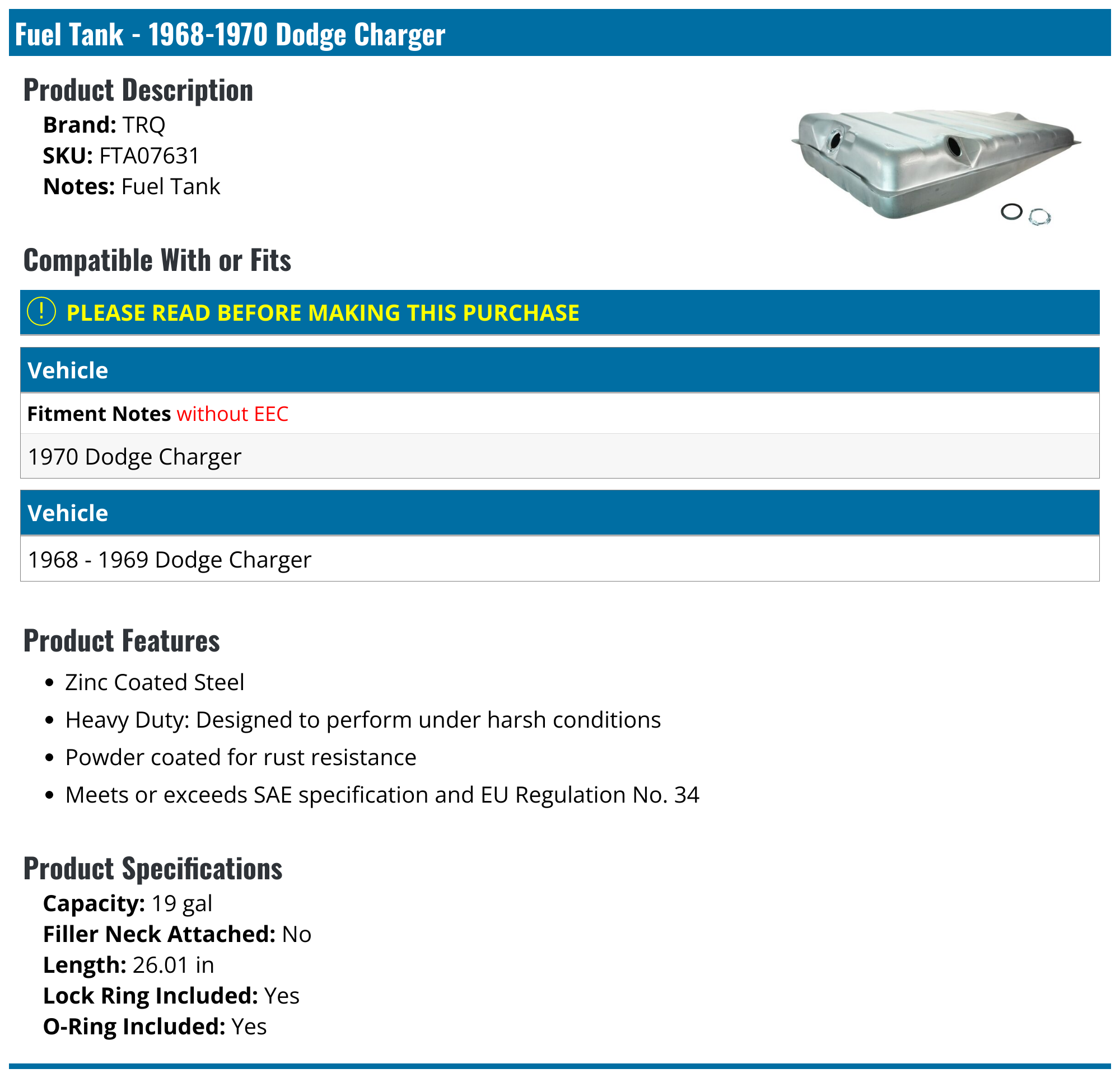 1968-1970 Dodge Charger Fuel Tank - TRQ FTA07631 - PartsGeek.com