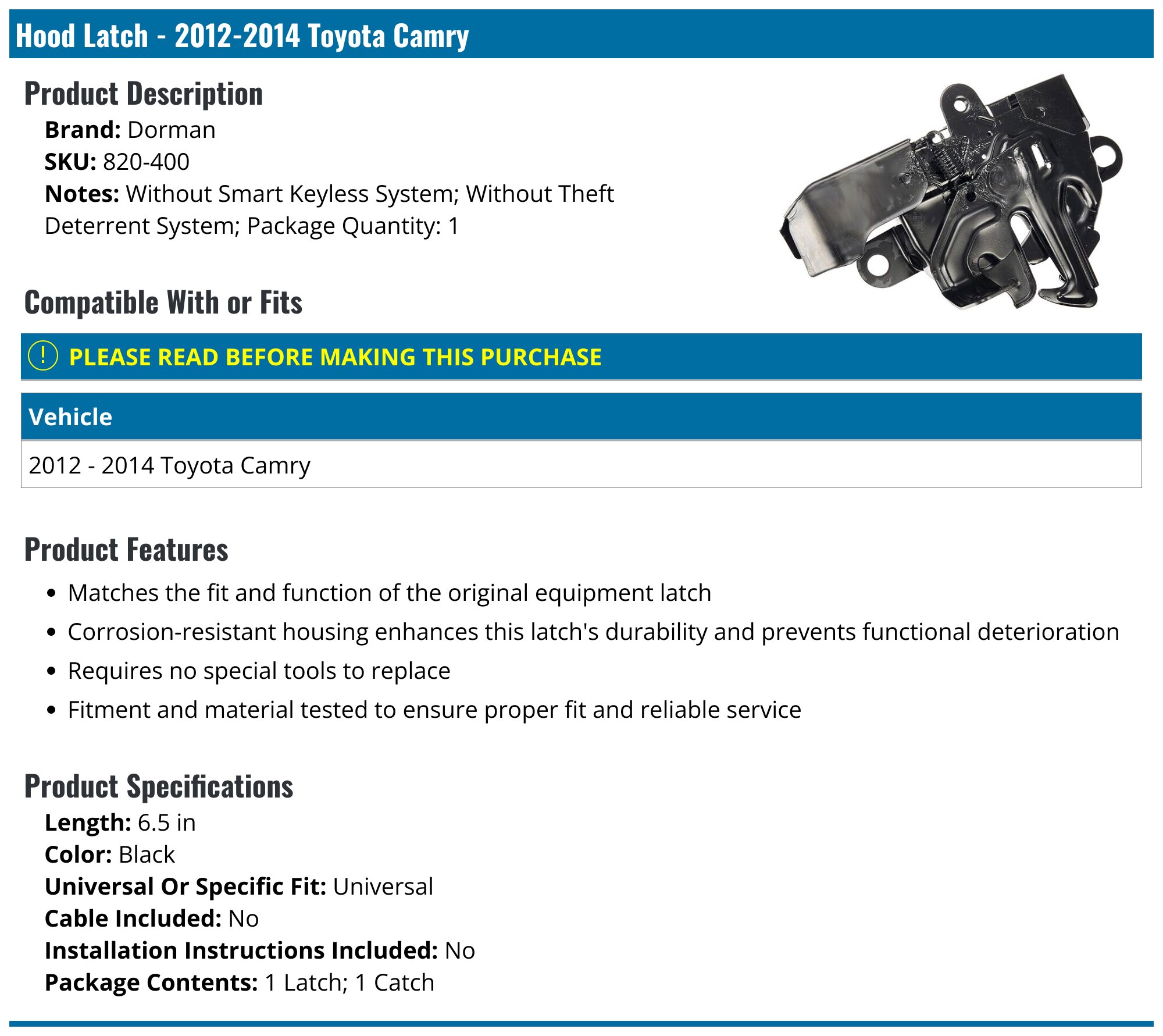 2012-2014 Toyota Camry Hood Latch - Dorman 820-400 - PartsGeek.com
