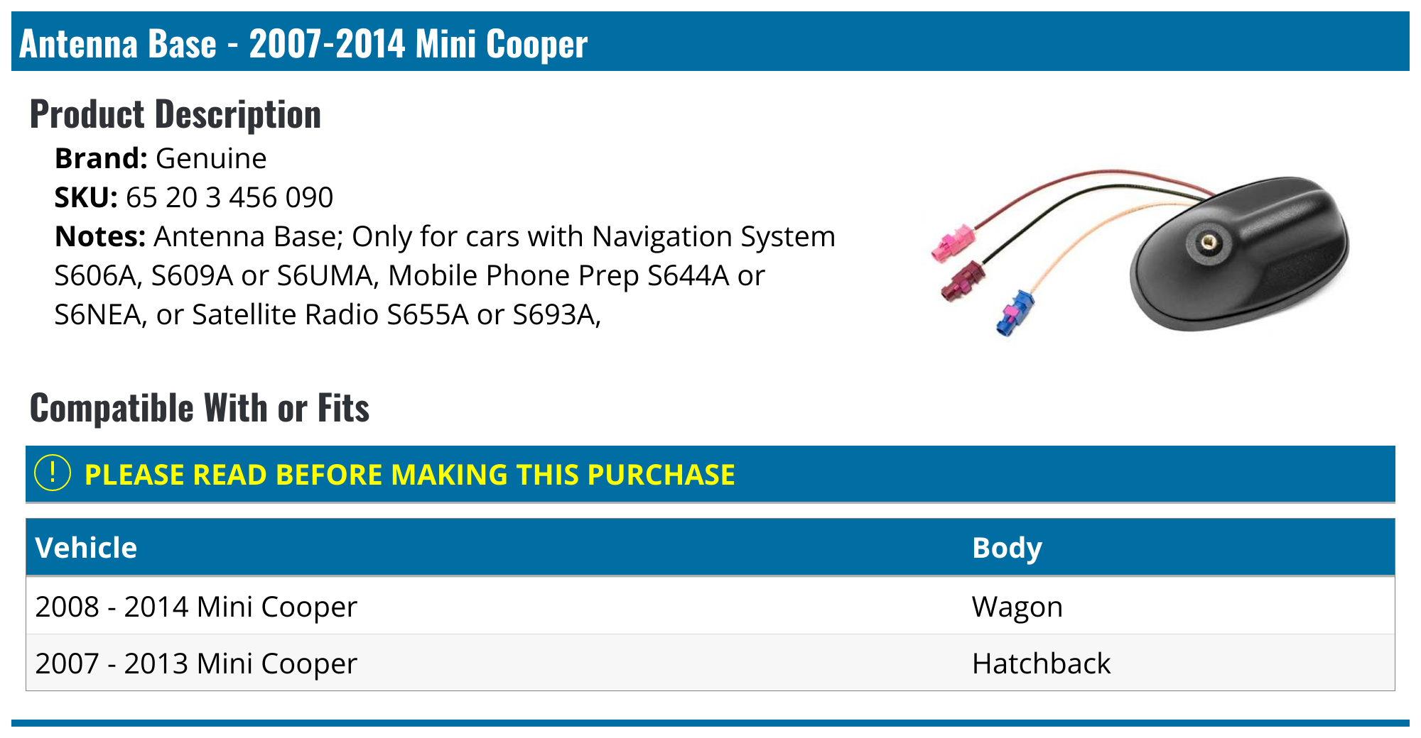2007-2014 Mini Cooper Antenna Base - Genuine 65 20 3 456 090 ...