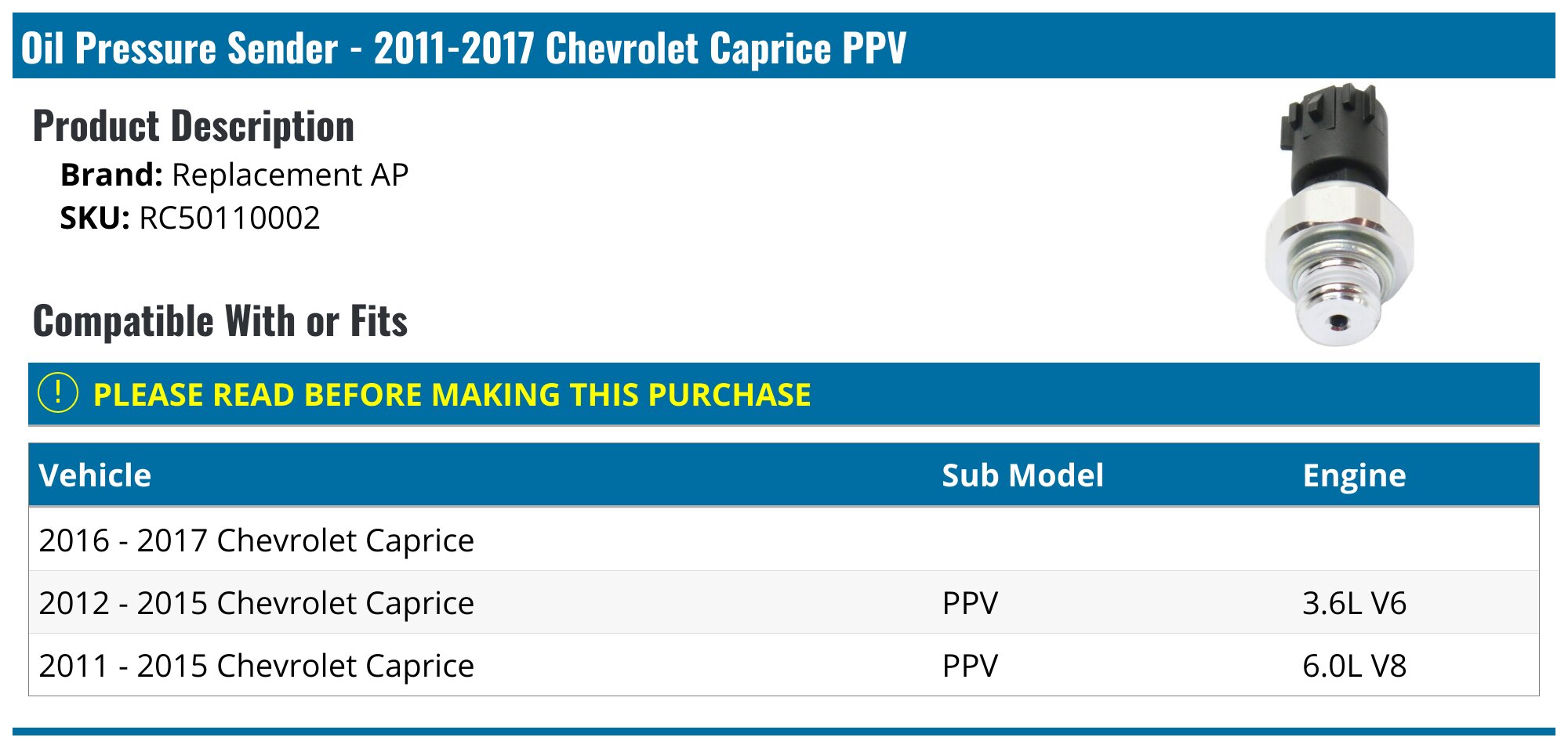 2011-2017 Chevrolet Caprice Oil Pressure Sender - Replacement AP ...
