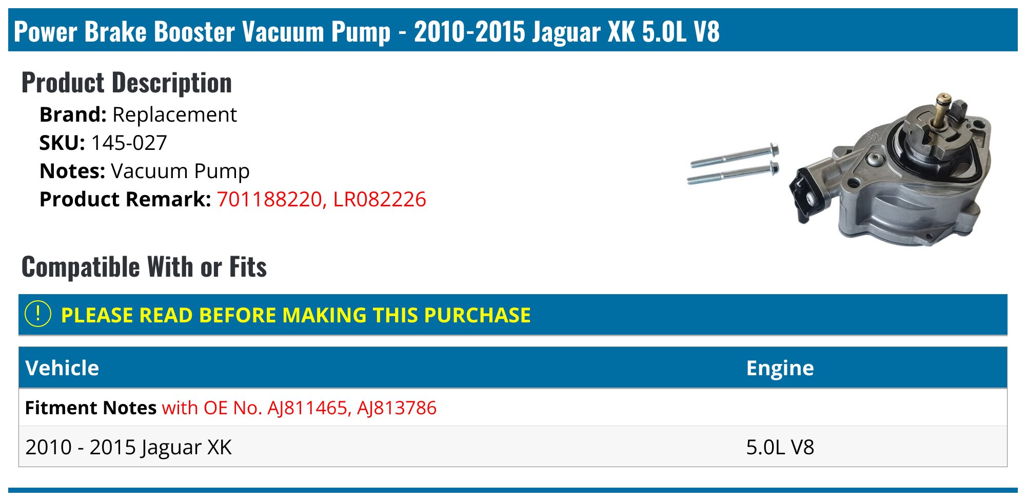 2010-2015 Jaguar XK Power Brake Booster Vacuum Pump - Replacement 145 ...