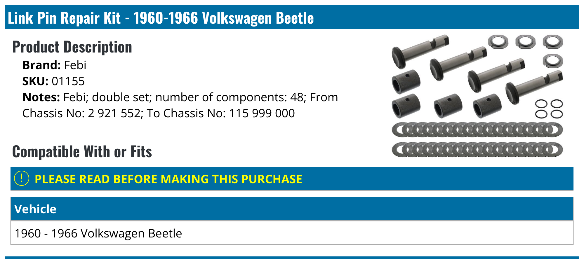 1954-1977 Volkswagen Beetle Link Pin Repair Kit - Febi 01155 ...