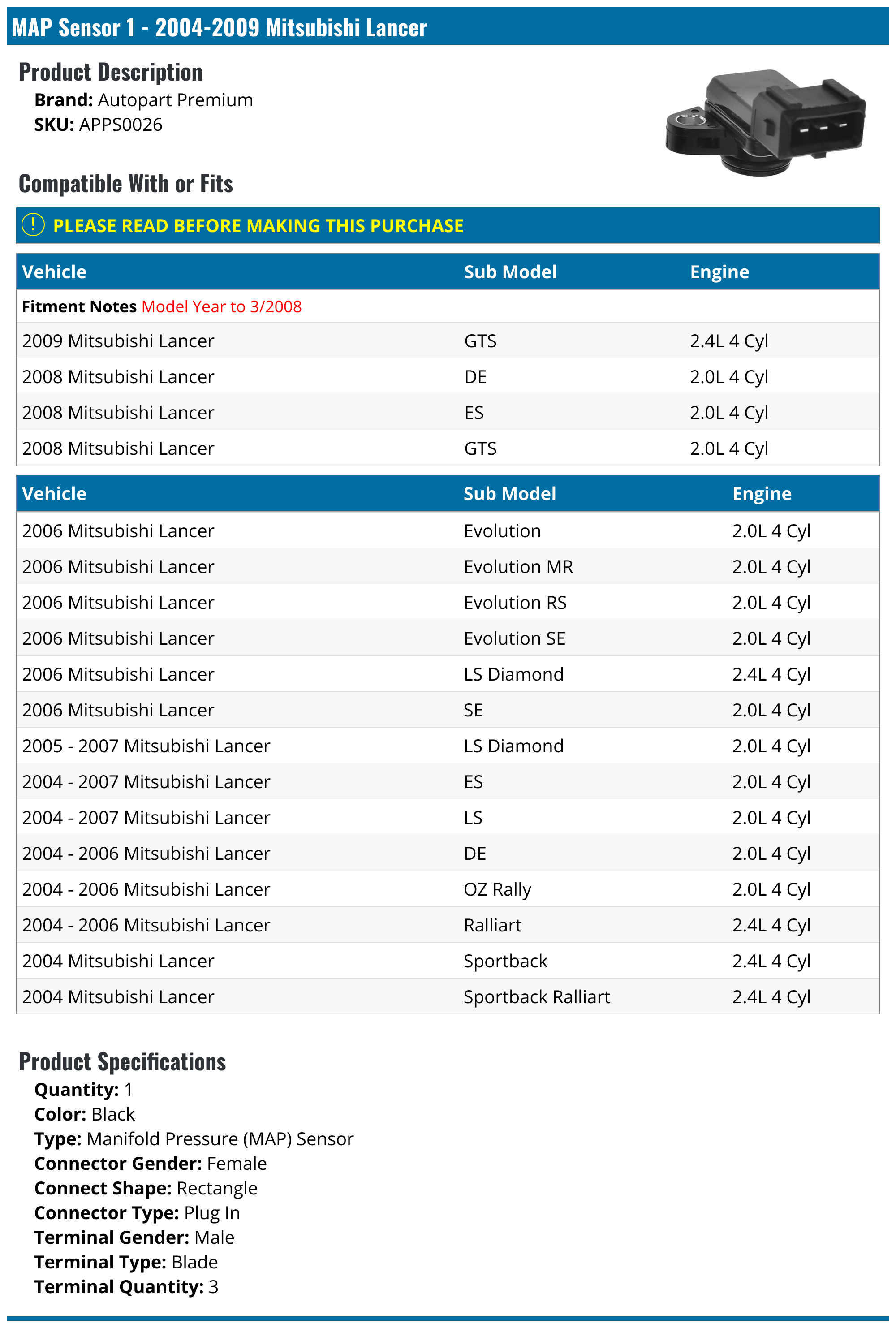 2004-2009 Mitsubishi Lancer MAP Sensor - Autopart Premium APPS0026 ...