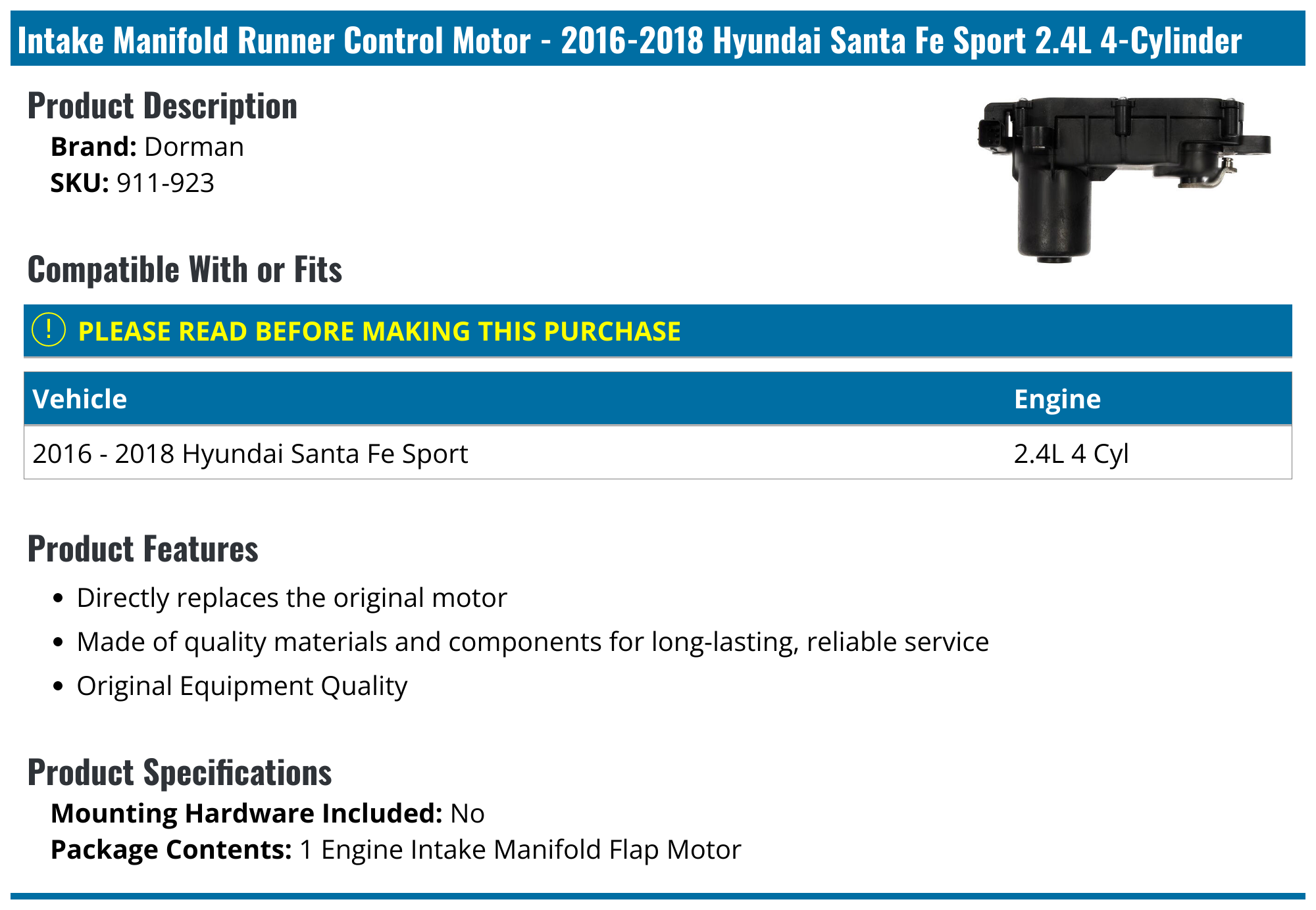 2016-2018 Hyundai Santa Fe Sport Intake Manifold Actuator - Dorman 911 ...