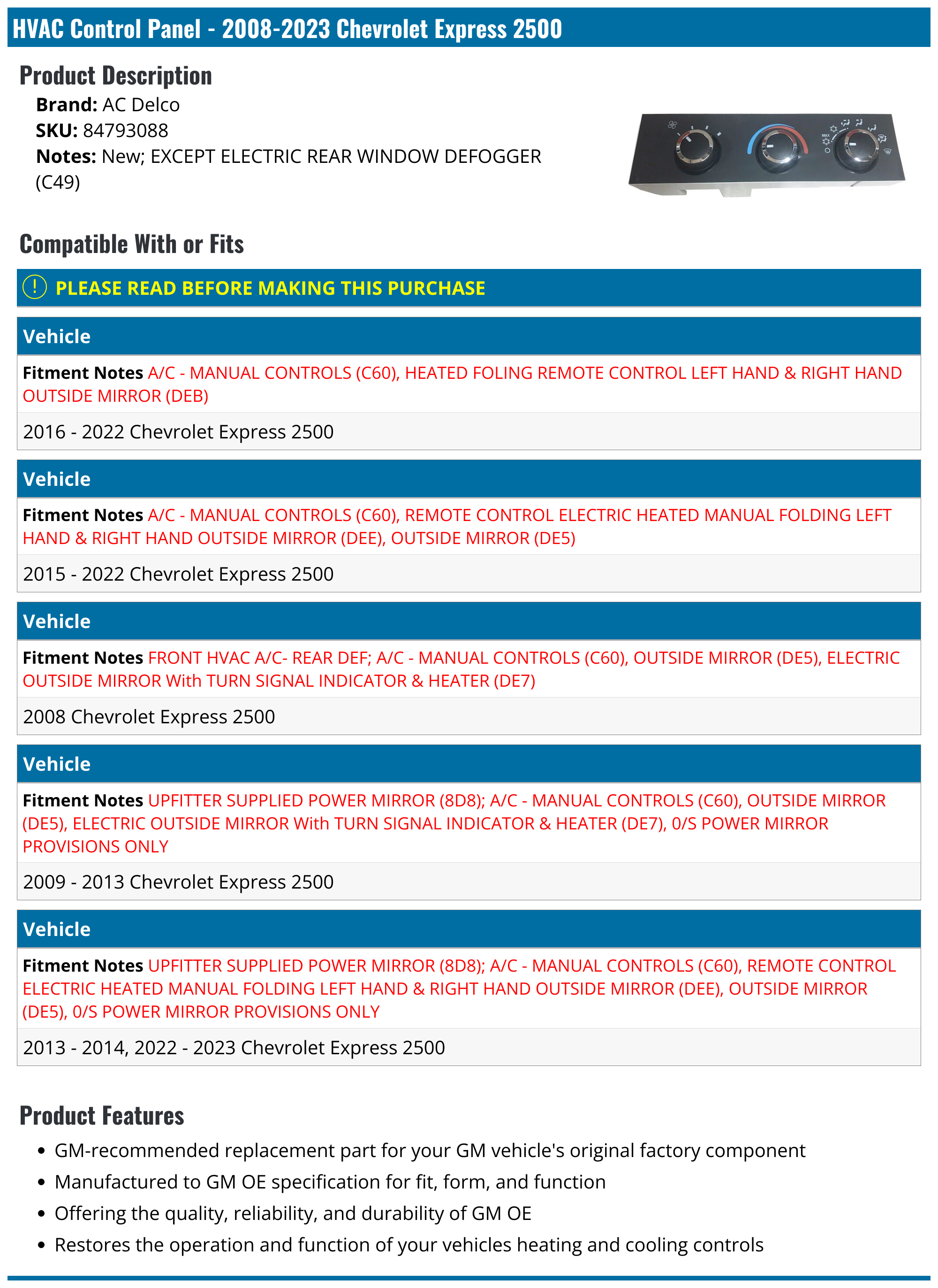 2008-2024 Chevrolet Express 2500 HVAC Temperature Control Panel - AC ...