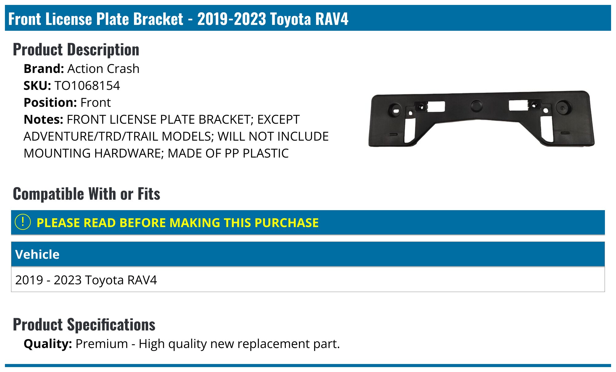 2019-2025 Toyota RAV4 License Plate Bracket - Action Crash TO1068154 ...
