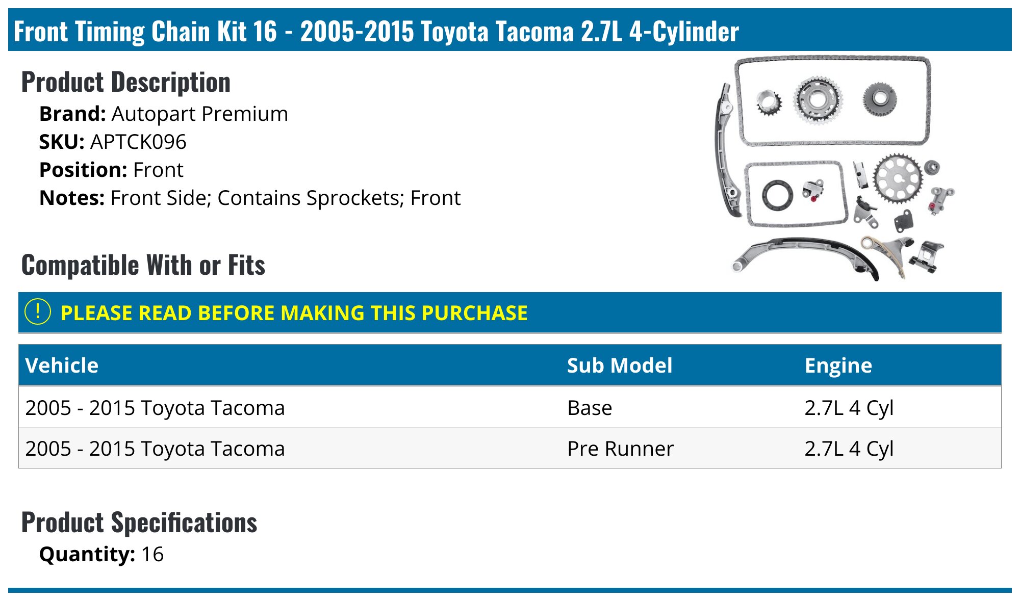 2005-2015 Toyota Tacoma Timing Chain - Autopart Premium APTCK096 ...