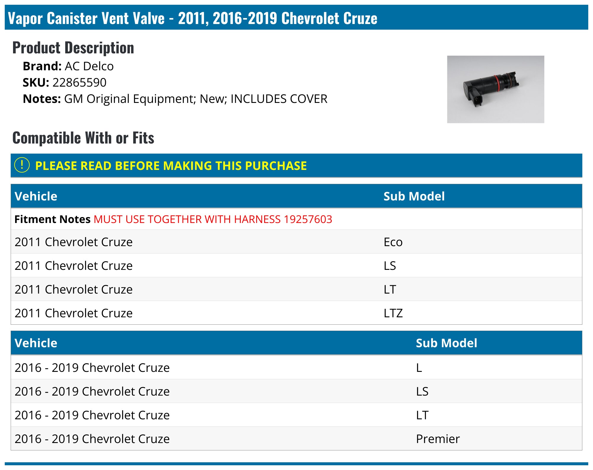 2011, 2016-2019 Chevrolet Cruze Vapor Canister Vent Valve - AC Delco ...