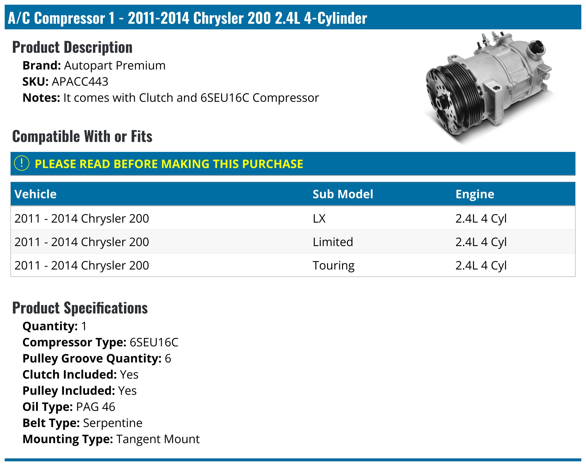2011-2014 Chrysler 200 A/C Compressor - Autopart Premium APACC443 ...