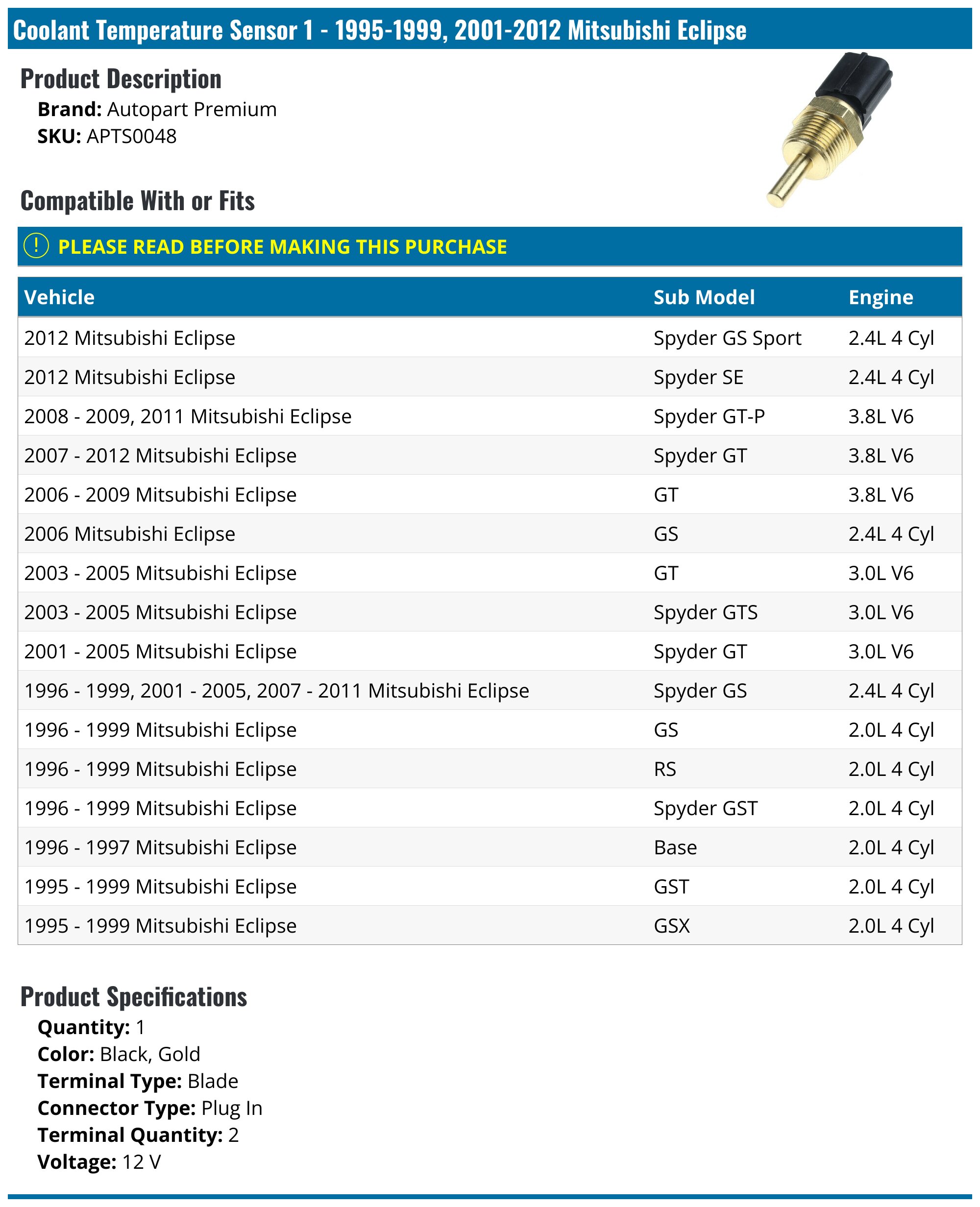 1995-1999, 2001-2012 Mitsubishi Eclipse Engine Coolant Temperature ...
