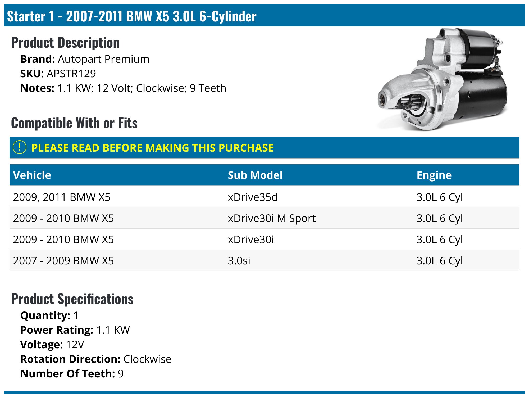 2007-2011 BMW X5 Starter - Autopart Premium APSTR129 - PartsGeek.com
