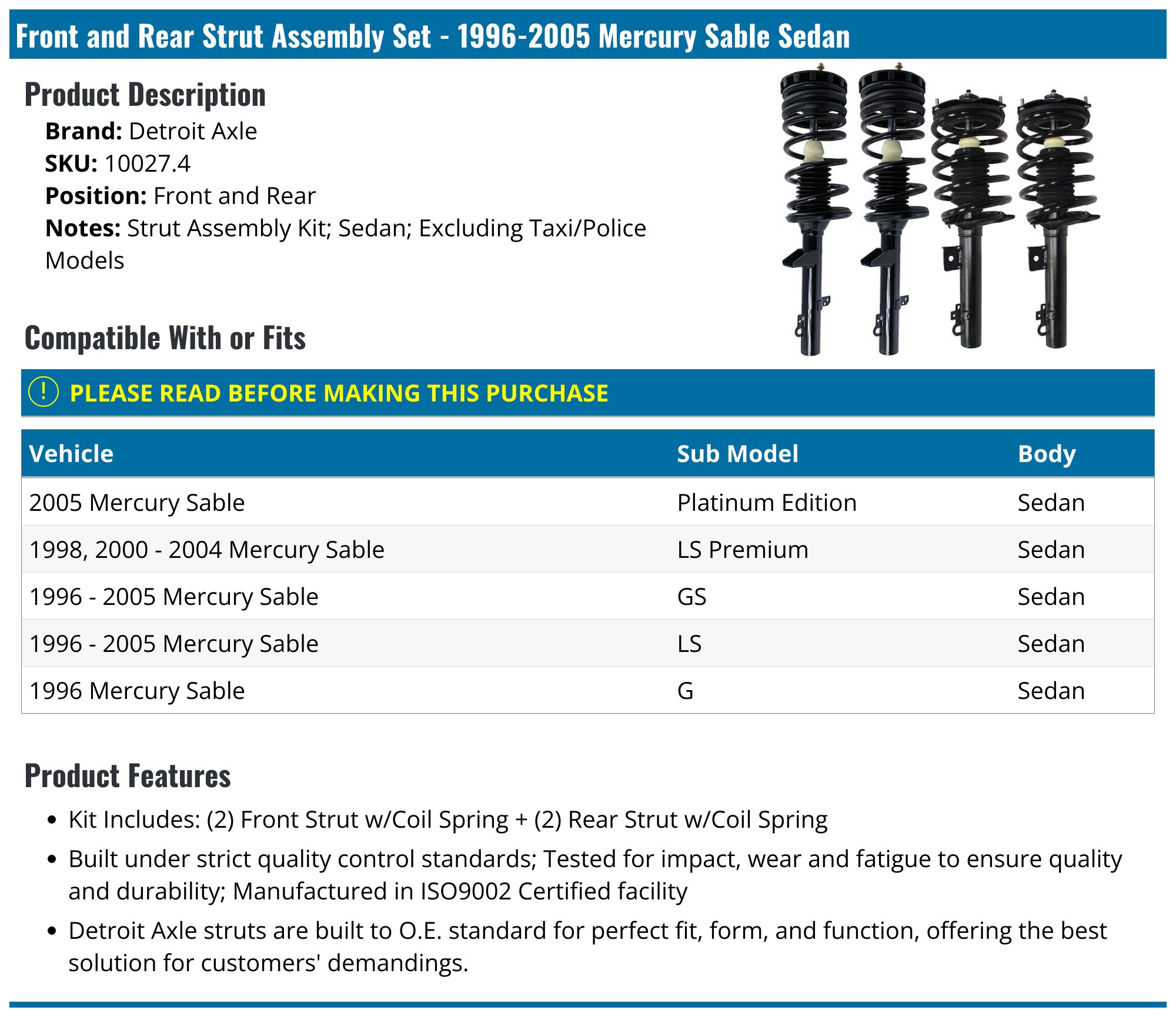1996-2005 Mercury Sable Strut Assembly - Detroit Axle 10027.4 - Front ...