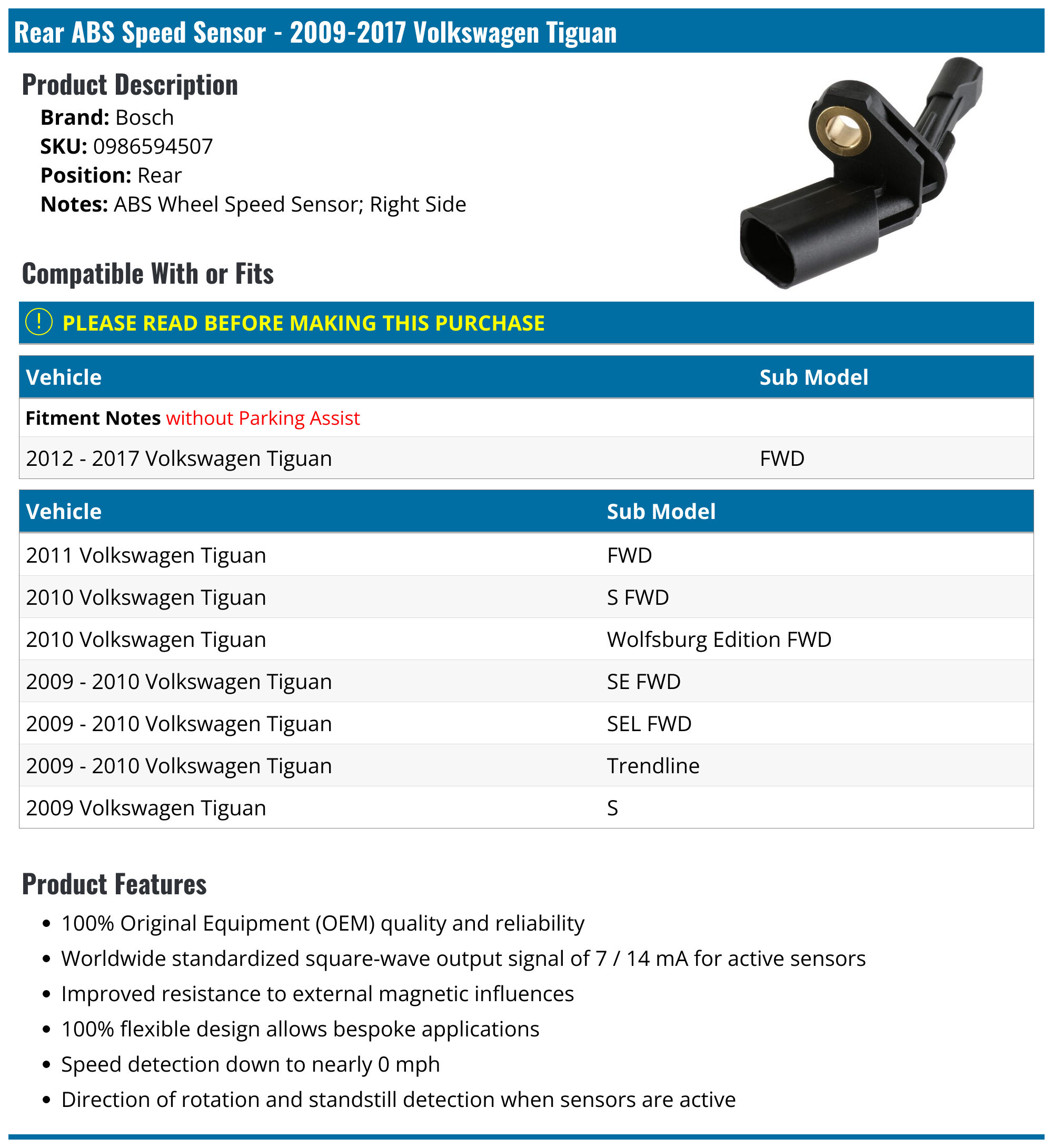 2009-2017 Volkswagen Tiguan ABS Speed Sensor - Bosch 0986594507 - Rear ...