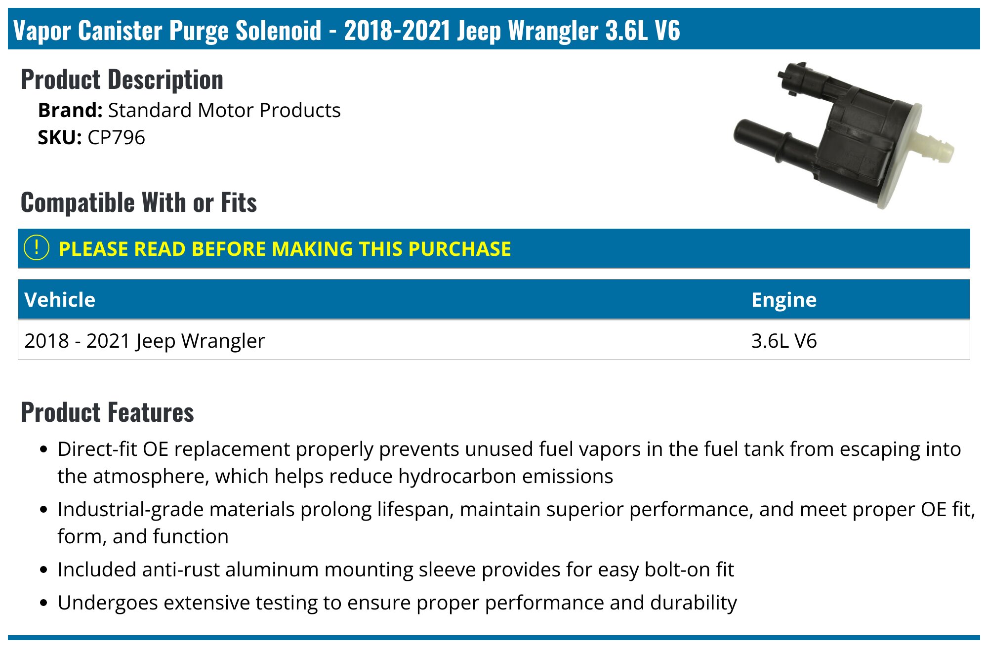 2018-2021 Jeep Wrangler Vapor Canister Purge Solenoid - Standard Motor ...