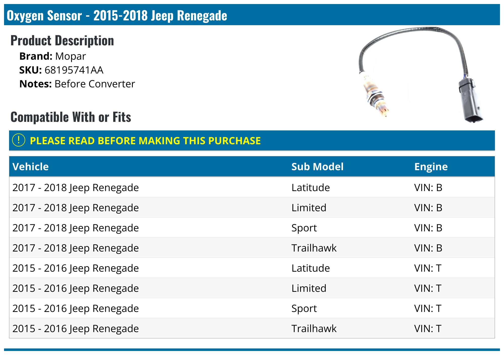 2015-2018, 2021 Jeep Renegade Oxygen Sensor - Mopar 68195741AA ...