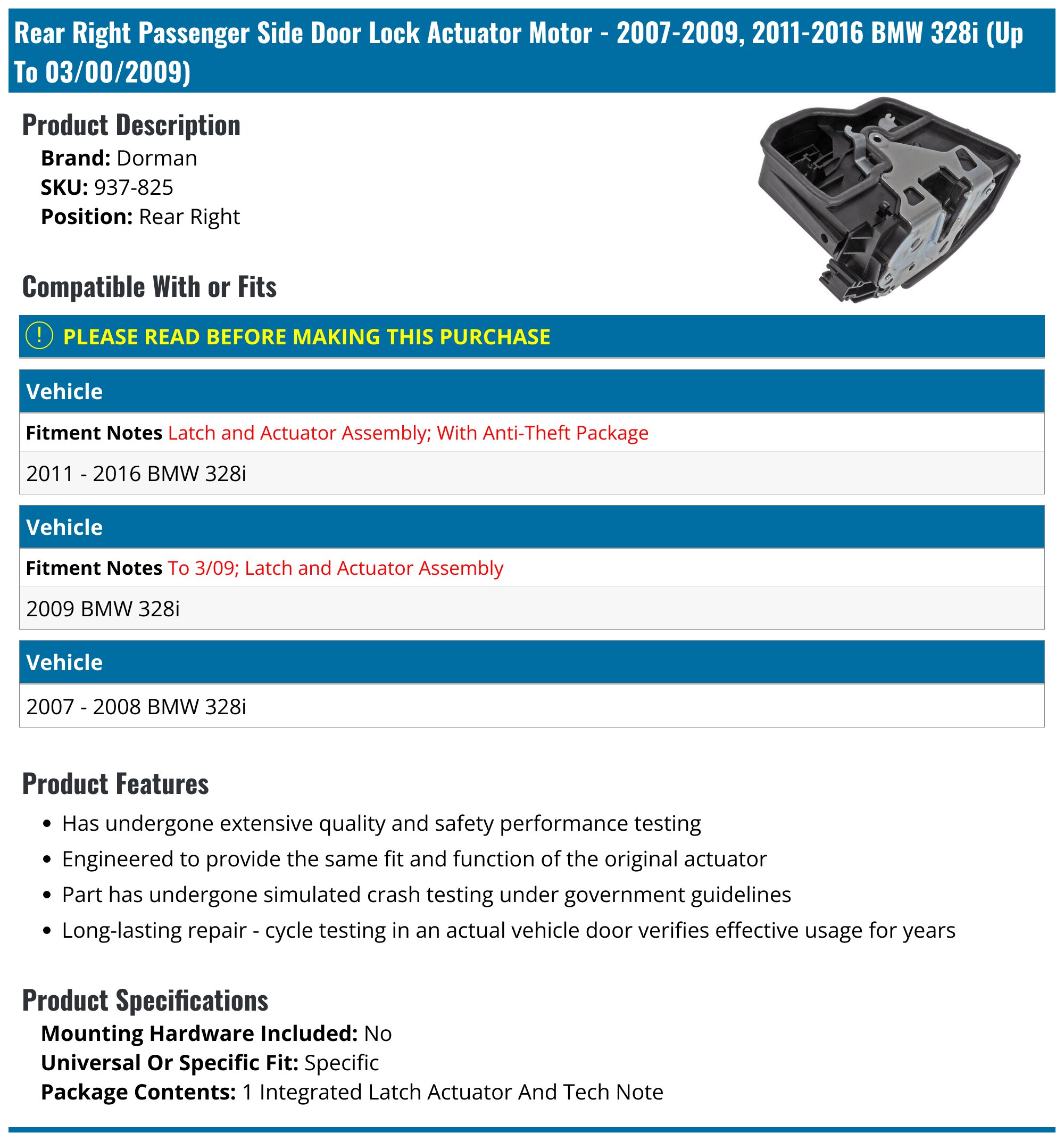 2007-2009, 2011-2016 BMW 328i Door Lock Actuator - Dorman 937-825 ...
