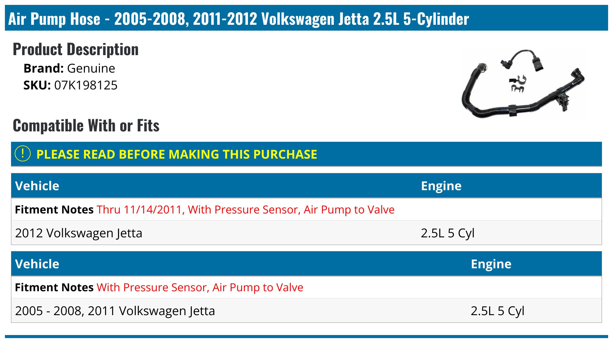 2005-2008, 2011-2012 Volkswagen Jetta Air Pump Hose - Genuine 07K198125 ...