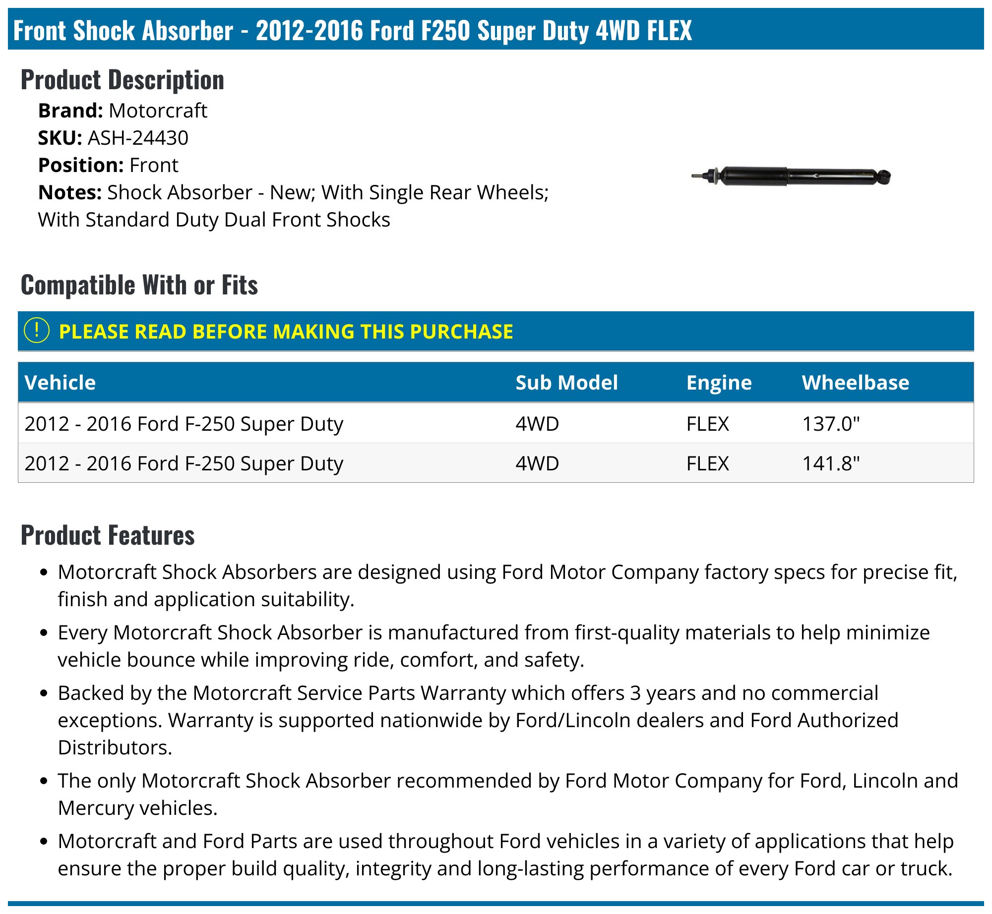 2012-2016 Ford F250 Super Duty Shock Absorber - Motorcraft ASH-24430 ...