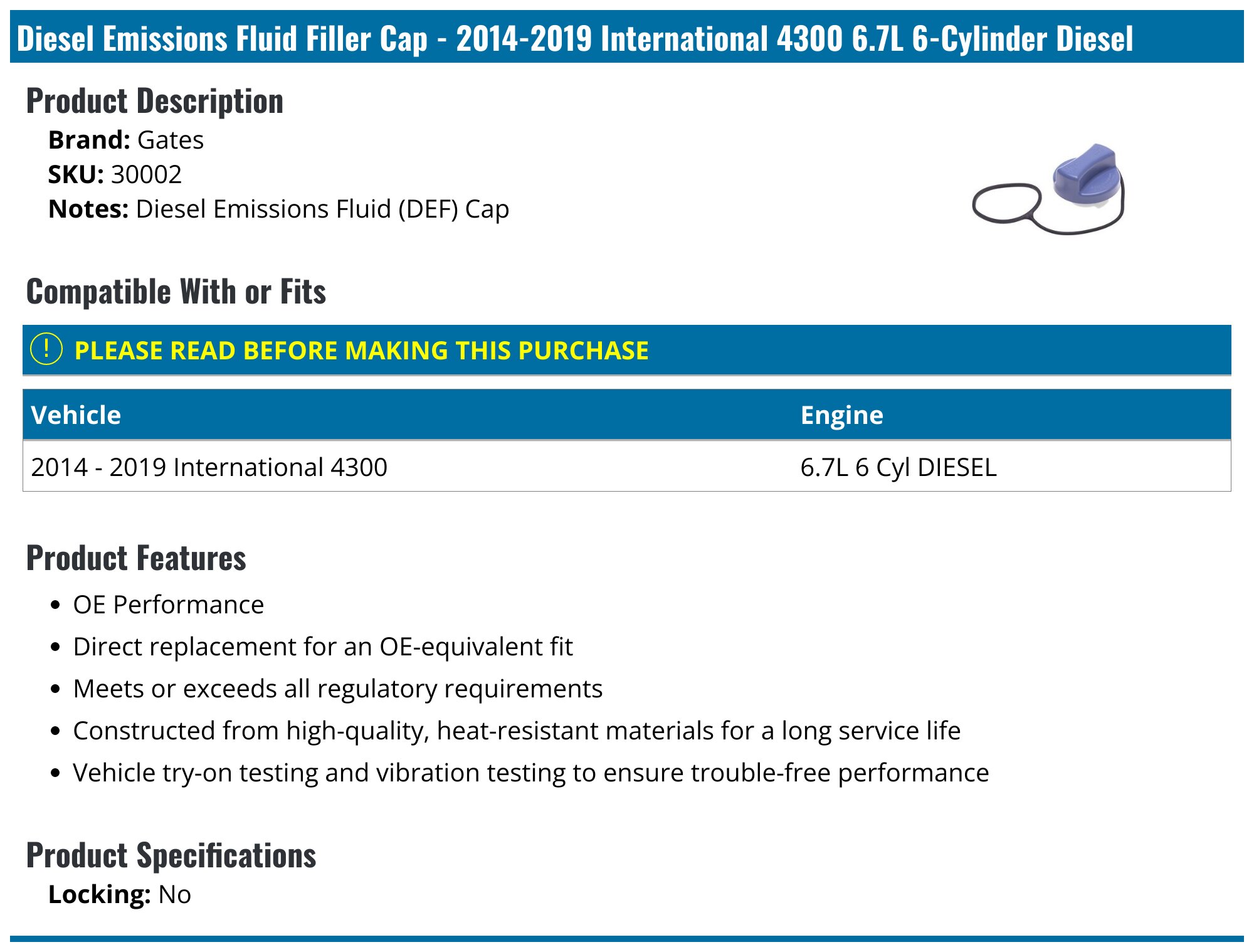 2014-2019 International 4300 Diesel Emissions Fluid Filler Cap - Gates ...