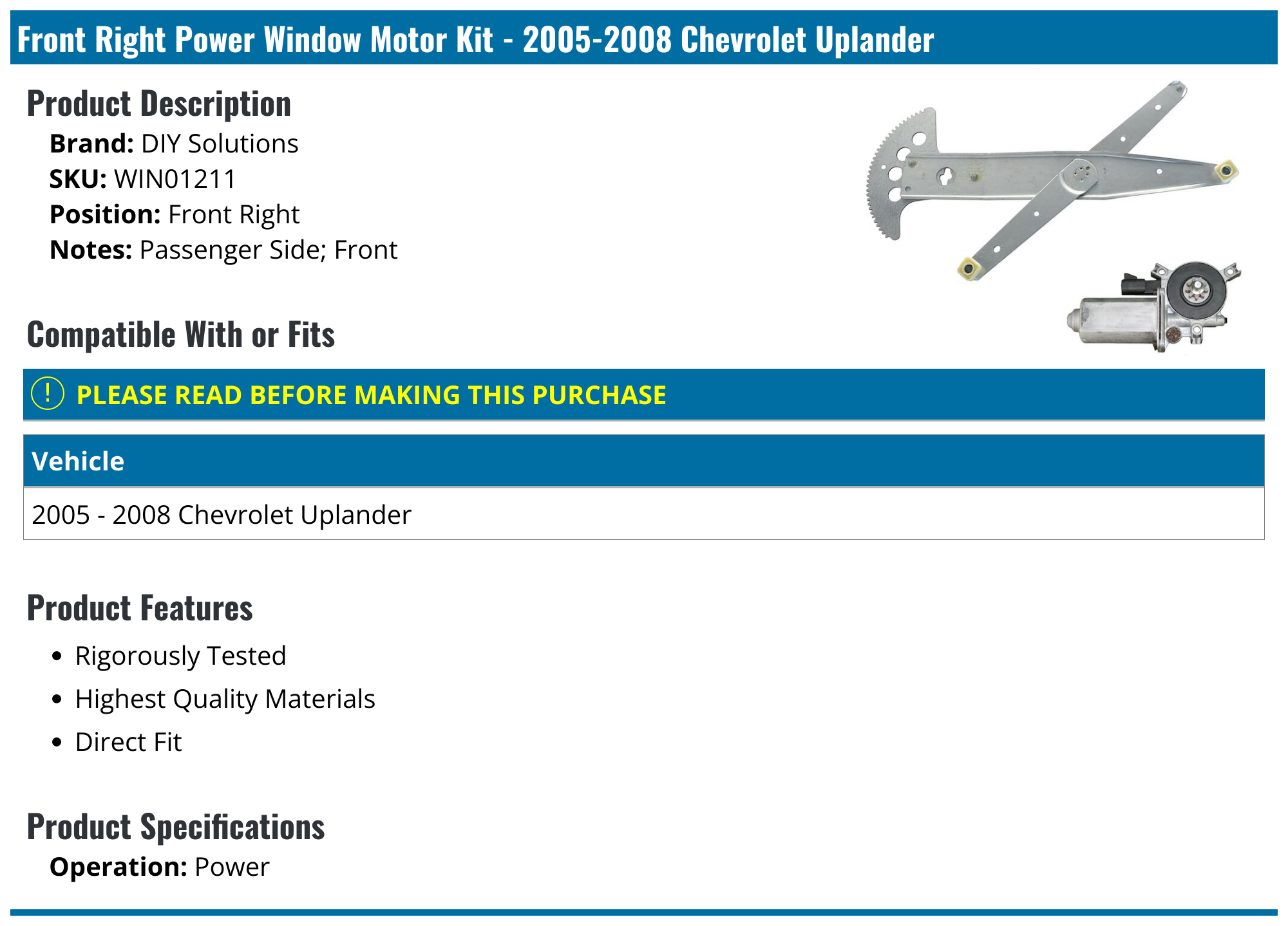 2005-2008 Chevrolet Uplander Power Window Motor Kit - DIY Solutions ...