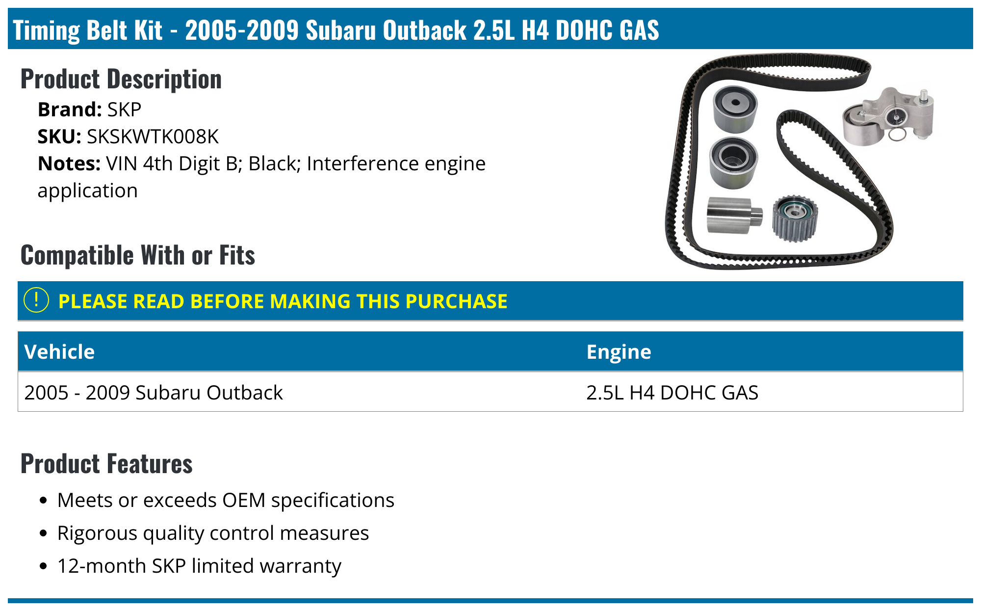 2005-2009 Subaru Outback Timing Belt - SKP SKSKWTK008K - PartsGeek.com
