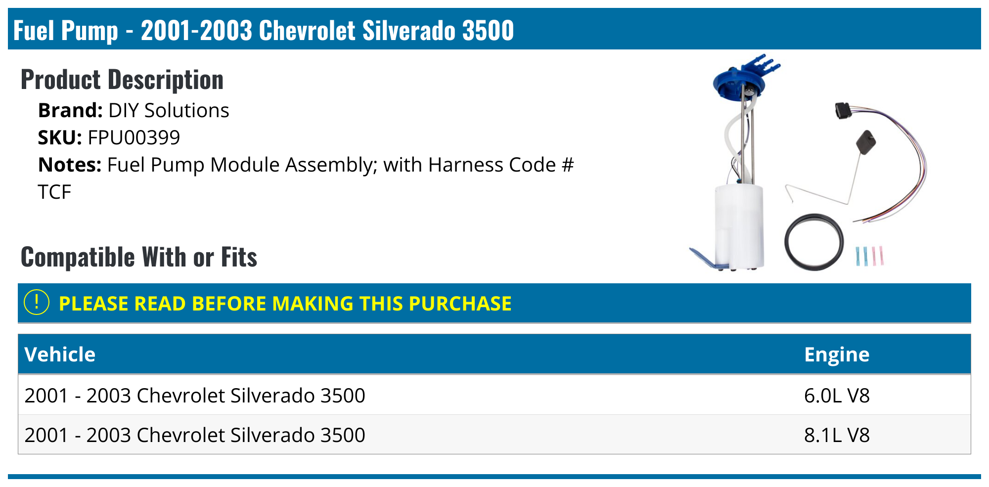 2001-2003 Chevrolet Silverado 3500 Fuel Pump - DIY Solutions FPU00399 ...