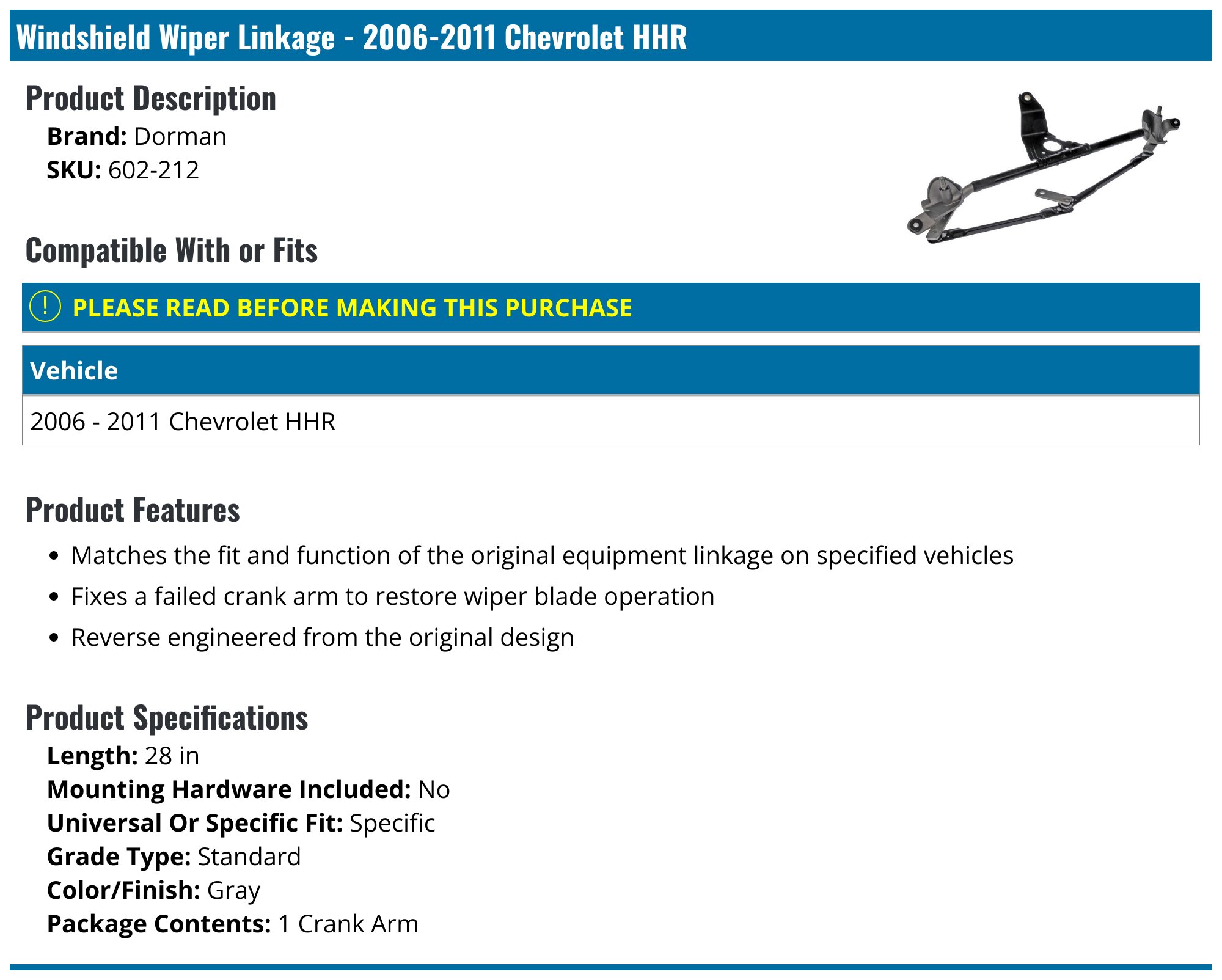 2006-2011 Chevrolet HHR Windshield Wiper Linkage - Dorman 602-212 ...