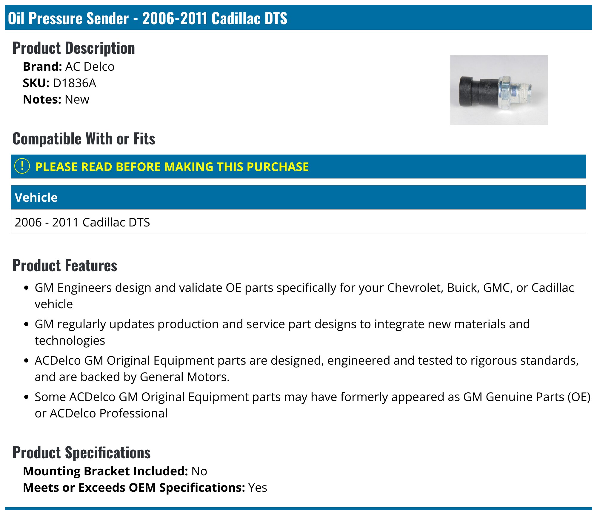2006-2011 Cadillac DTS Oil Pressure Sender - AC Delco D1836A ...