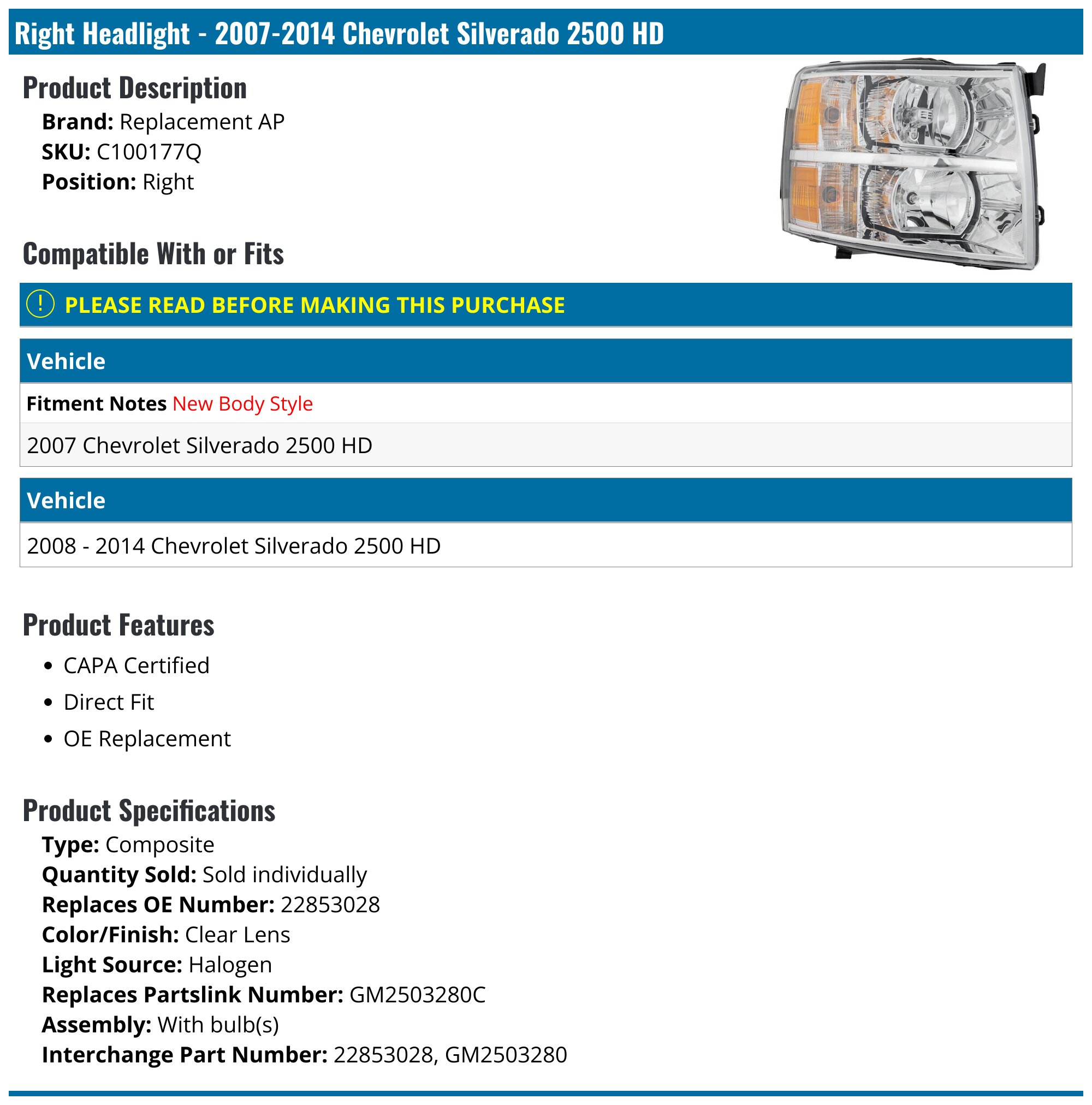 2007-2014 Chevrolet Silverado 2500 HD Headlight Assembly - Replacement ...
